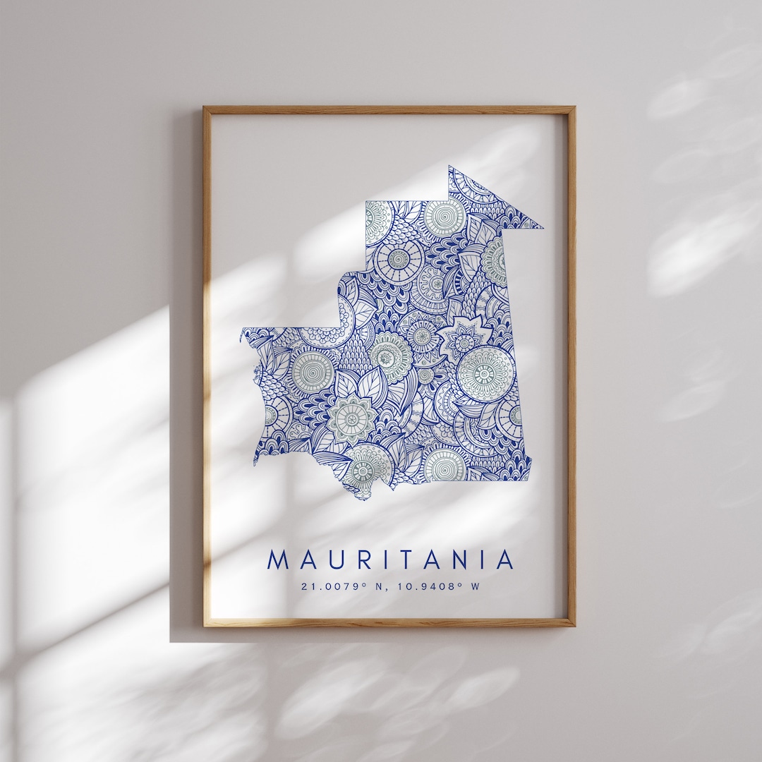 Mauritania Map Print Minimal Style Blue Wall Art, Mauritania Art Print ...
