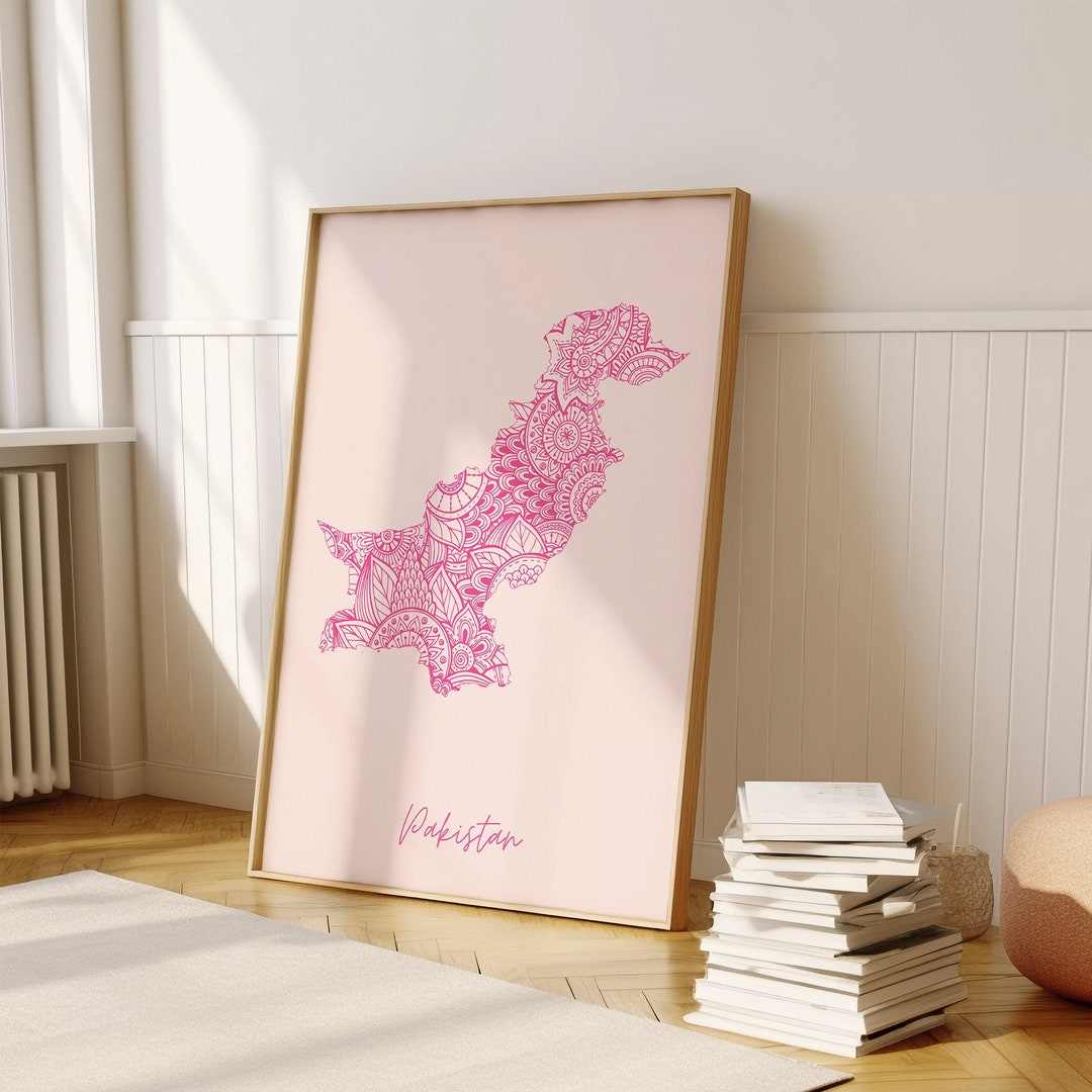 Pakistan Digital Pink Minimal Map Print Wall Art, Pakistan Map Art ...