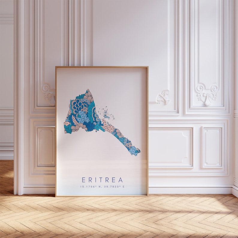 Eritrea Designer Map Print Blue Wall Art, Eritrea Art Print Decor for ...