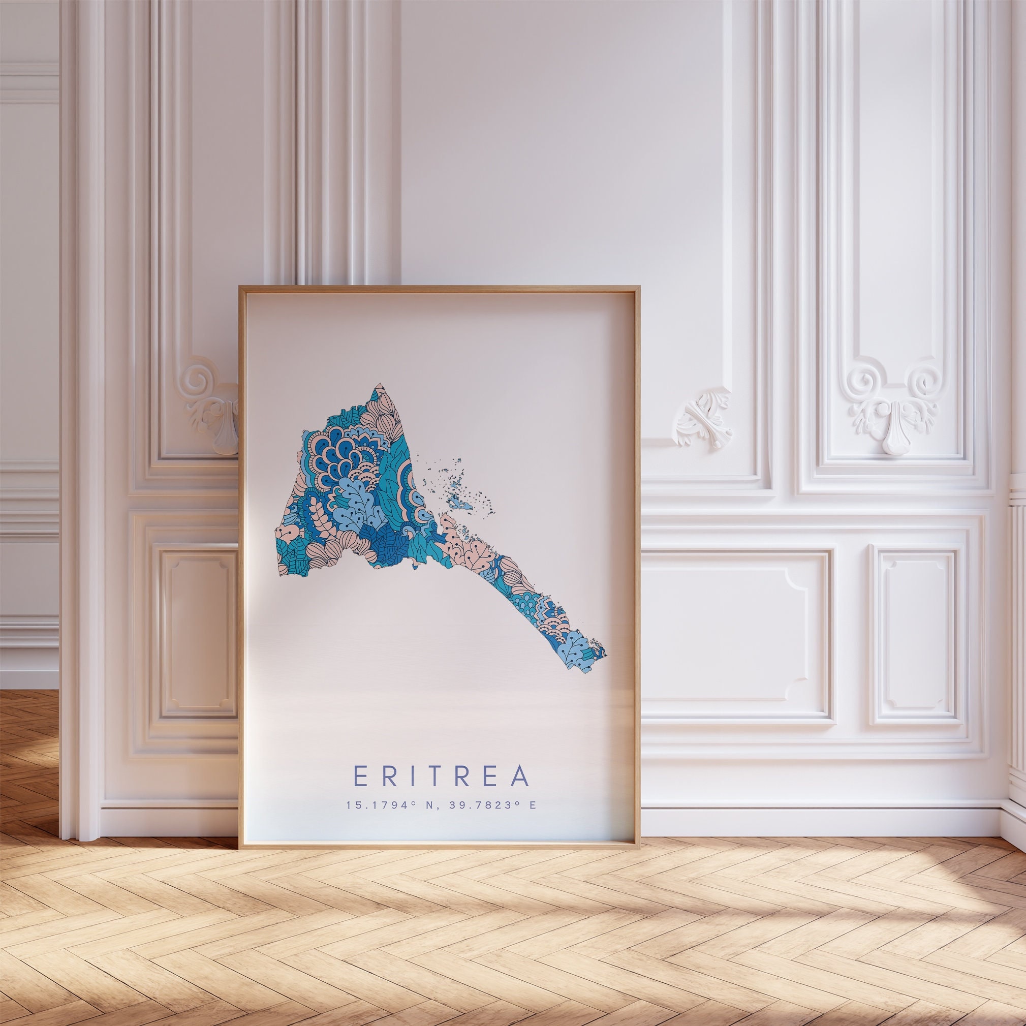 Eritrea Designer Map Print Blue Wall Art, Eritrea Art Print Decor for ...