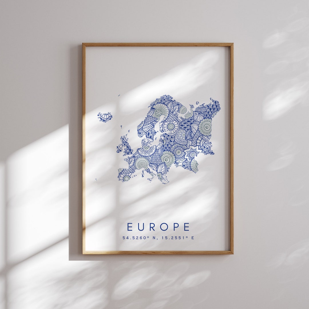 Europe Map Print Minimal Style Blue Wall Art, Europe Art Print Decor ...