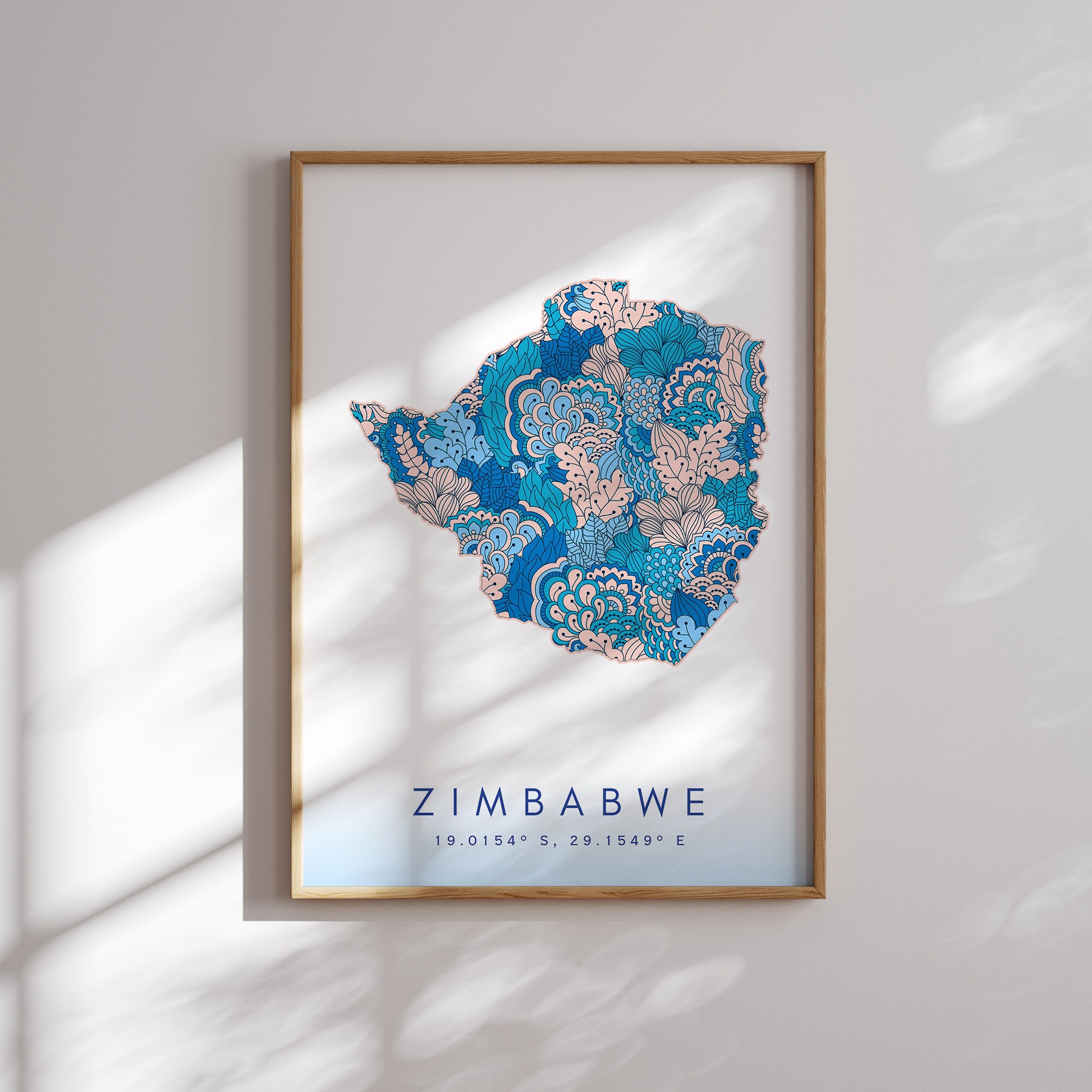 Zimbabwe Map Print Minimal Style Blue Wall Art, Zimbabwe Art Print ...