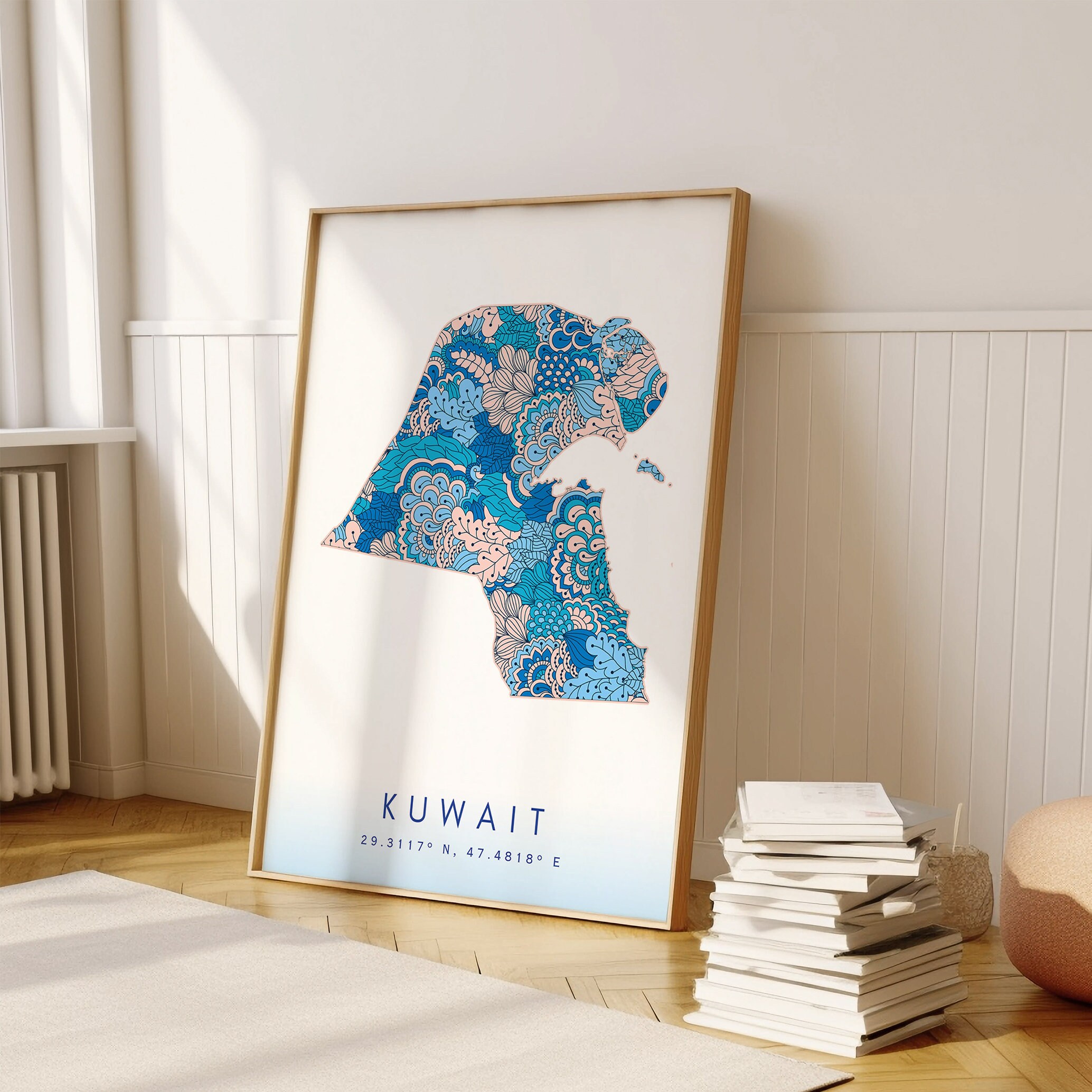 Kuwait Map Print Minimal Style Pastel Blue Wall Art, Kuwait Art Print ...