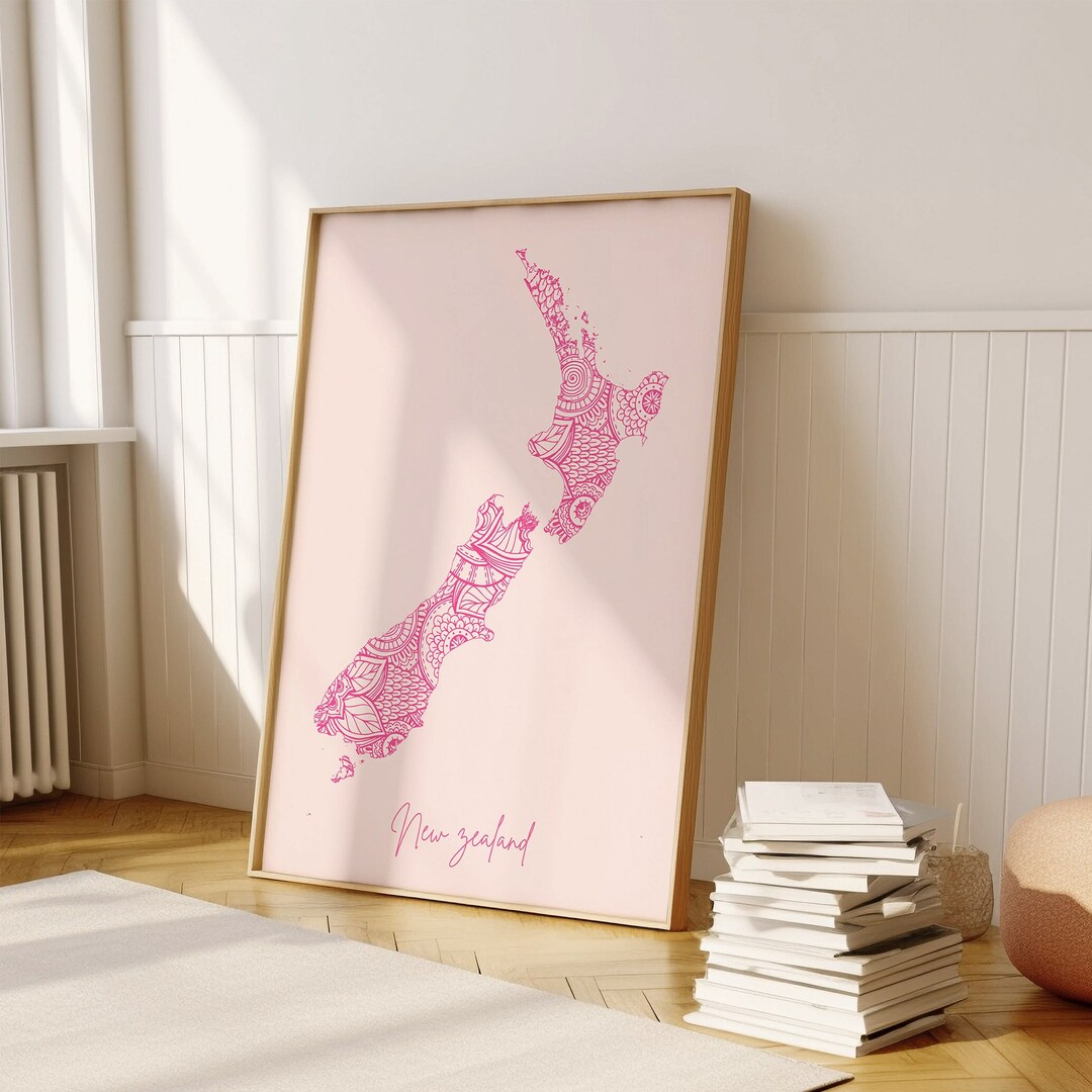 New Zealand Digital Pink Minimal Map Print Wall Art, New Zealand Map ...
