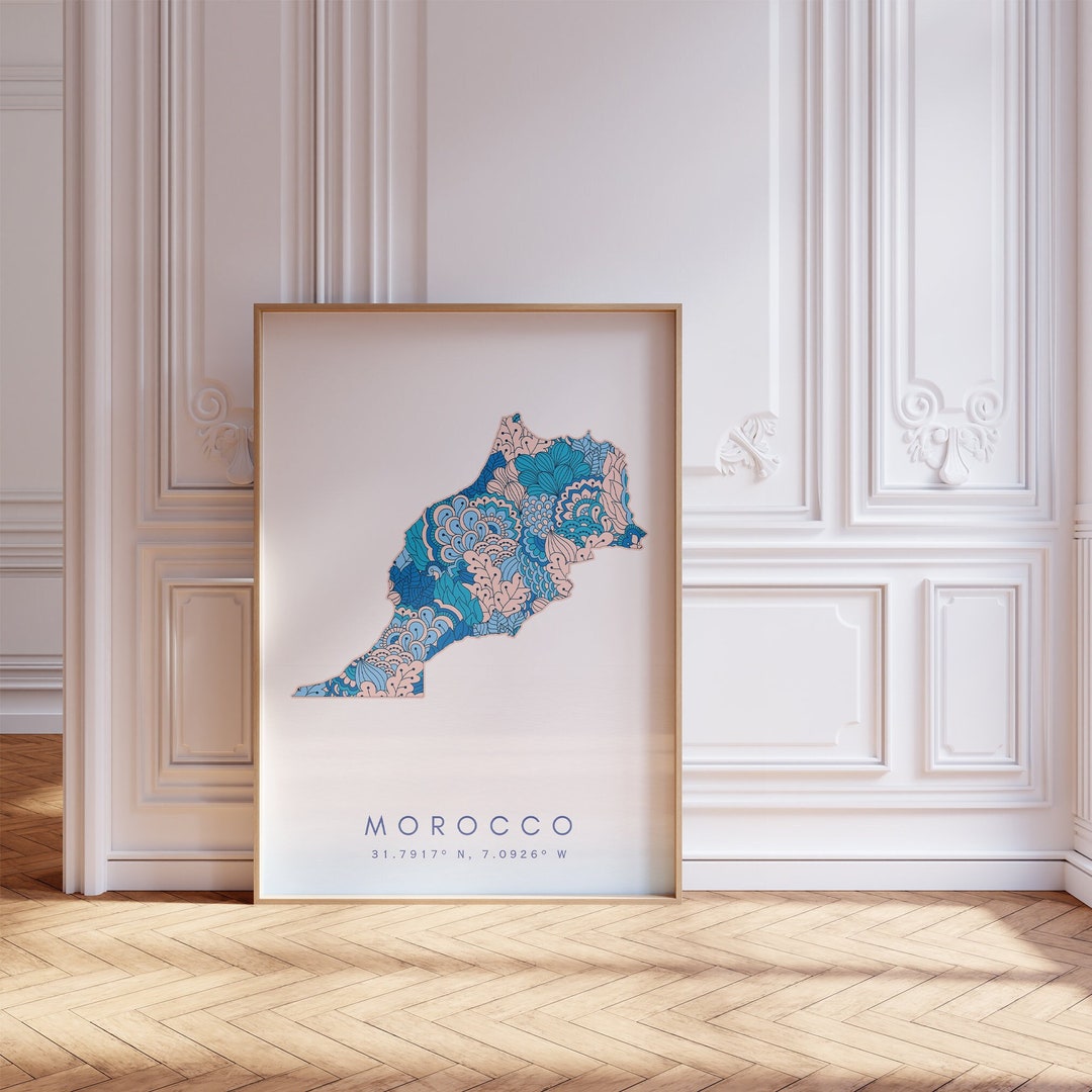 Morocco Map Print Minimal Style Pastel Blue Wall Art, Morocco Art Print ...