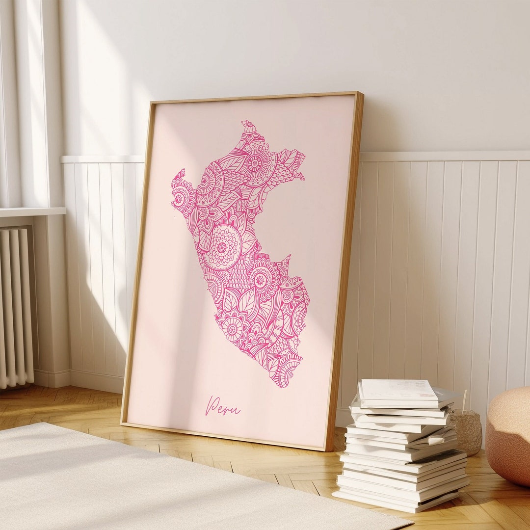 Peru Digital Pink Minimal Map Print Wall Art, Peru Map Art Print Decor ...