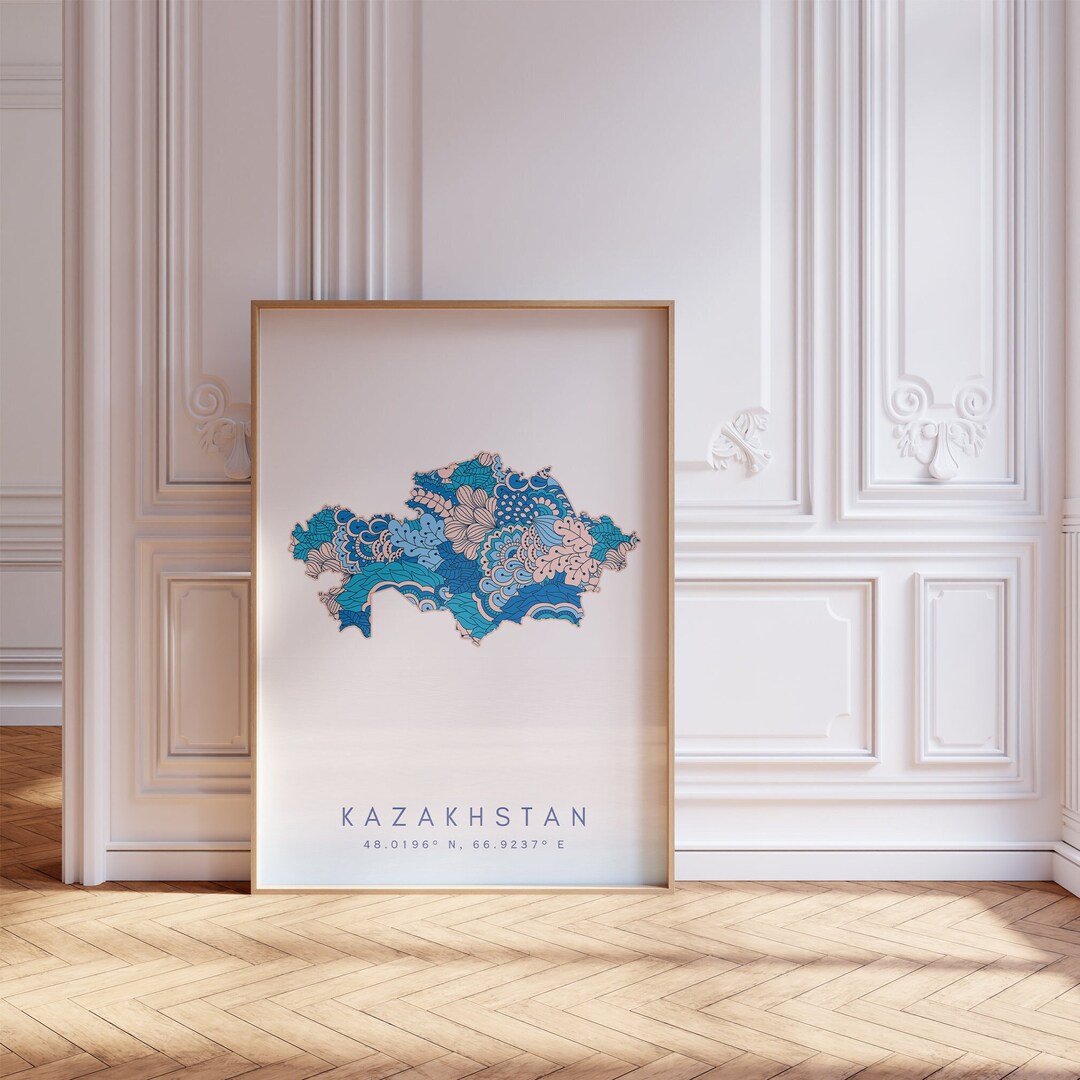 Kazakhstan Map Print Minimal Style Pastel Blue Wall Art, Kazakhstan Art ...