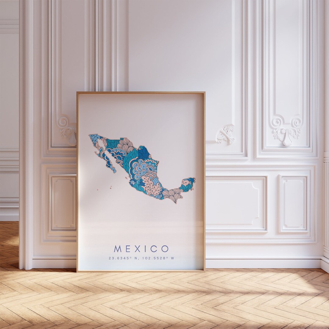 Mexico Map Print Minimal Style Pastel Blue Wall Art, Mexico Art Print ...