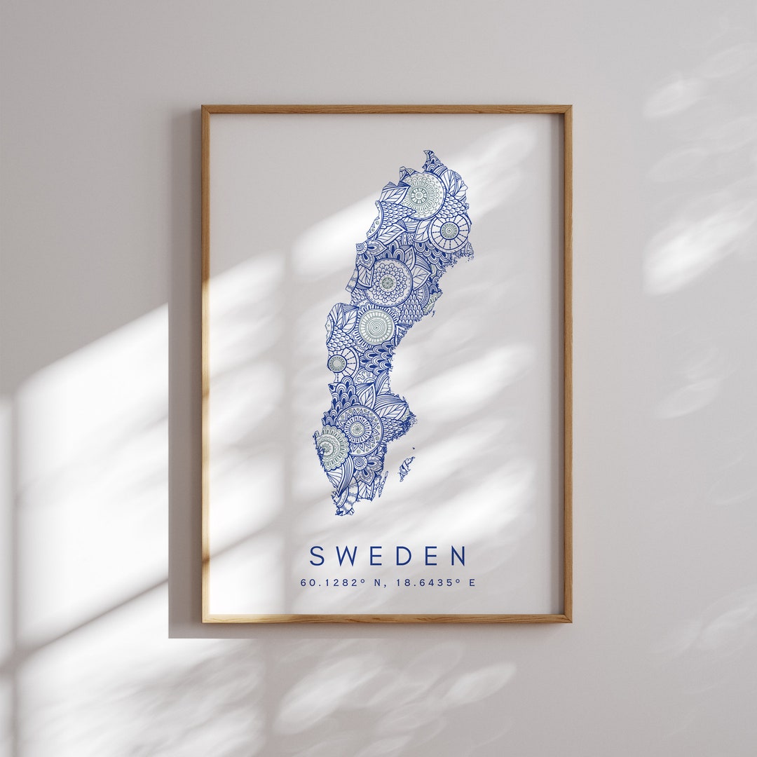 Sweden Map Print Minimal Style Blue Wall Art, Sweden Art Print Decor ...