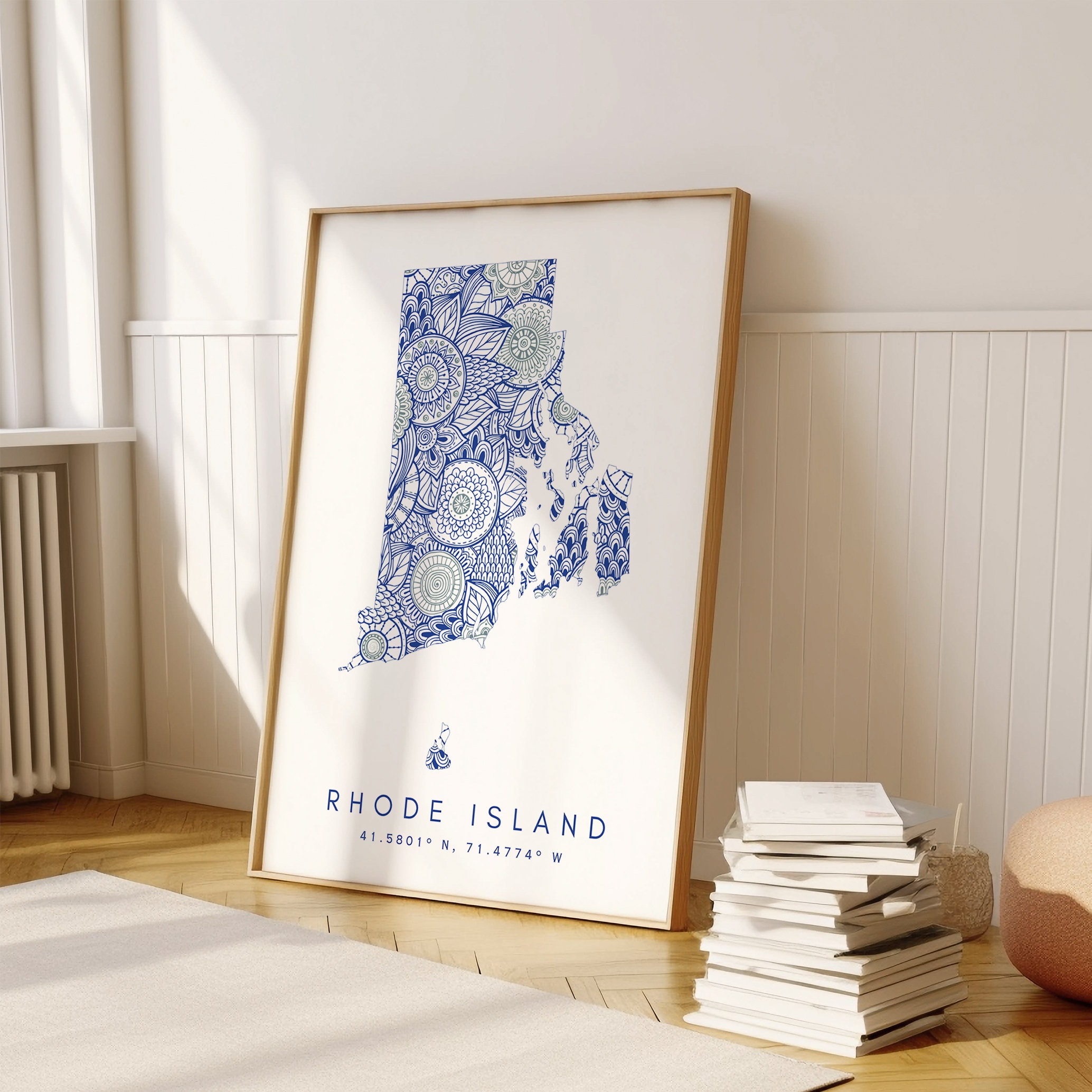 Rhode Island US State Blue Minimal Style Map Print, Rhode Island USA ...