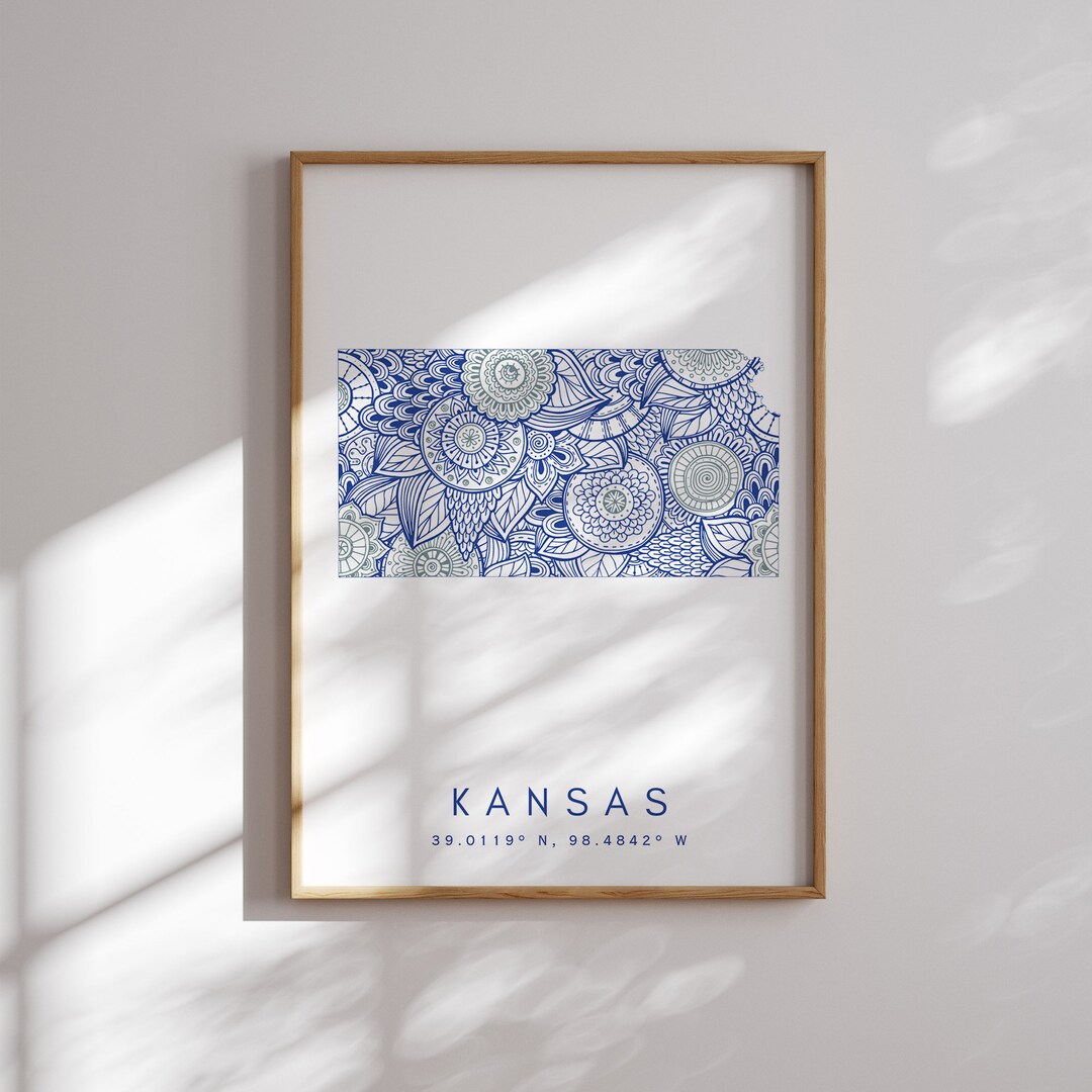 Kansas US State Blue Minimal Style Map Print, Kansas USA State Map Art ...