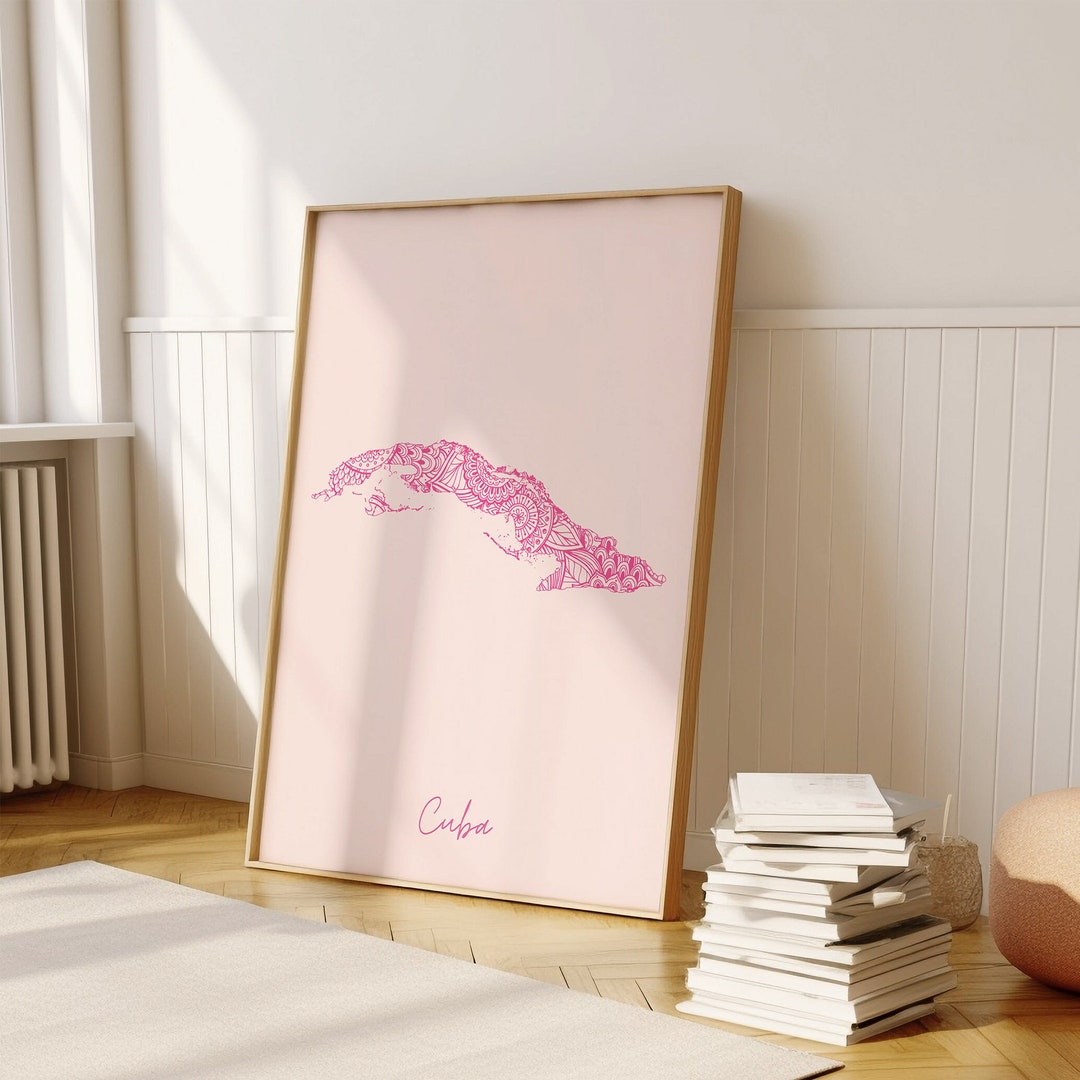 Cuba Digital Pink Minimal Map Print Wall Art, Cuba Map Art Print Decor ...