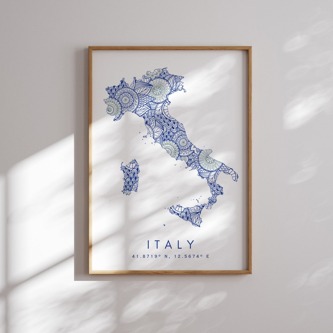 Italy Map Print Minimal Style Blue Wall Art, Italy Art Print Decor for ...