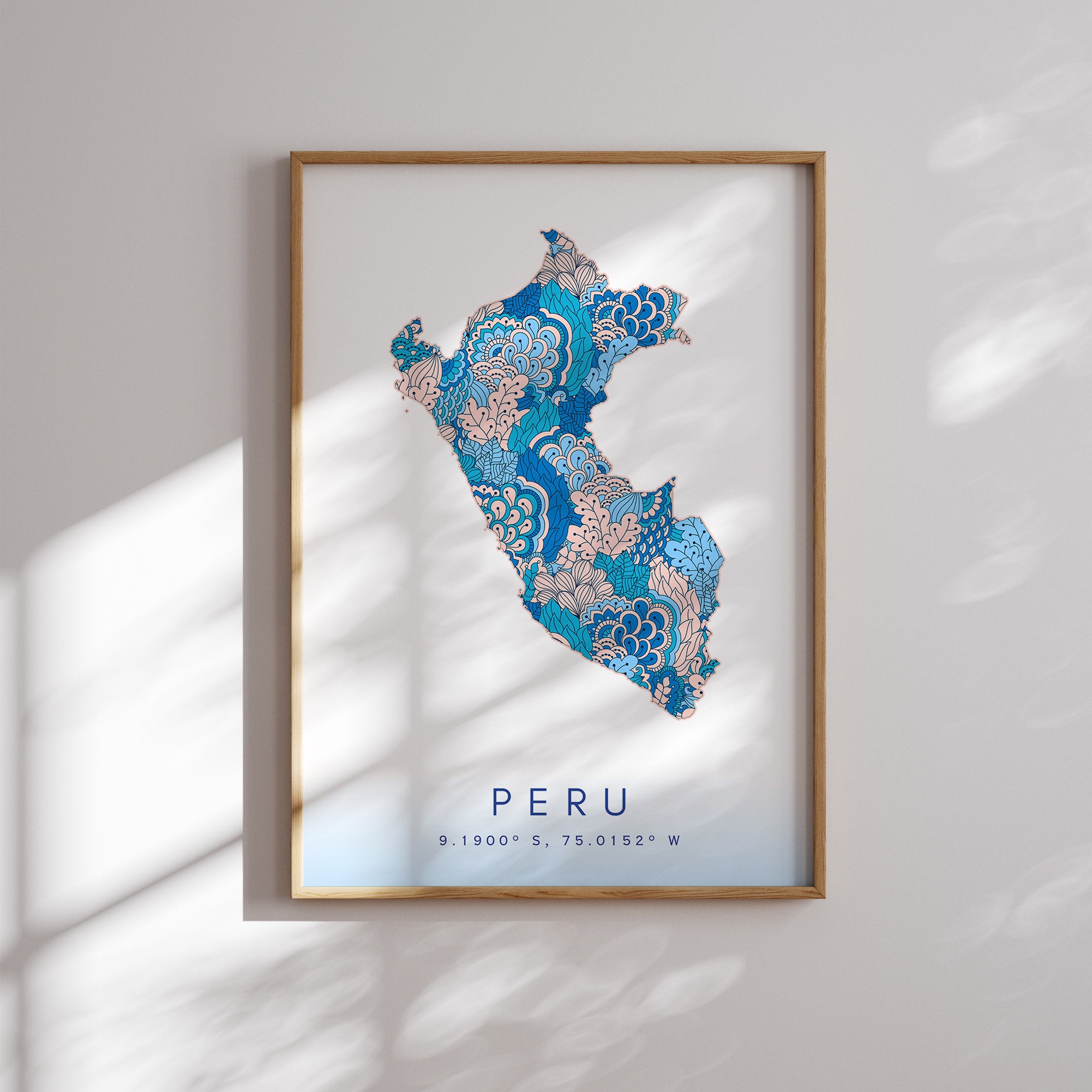 Peru Map Print Minimal Style Pastel Blue Wall Art, Peru Art Print Decor ...