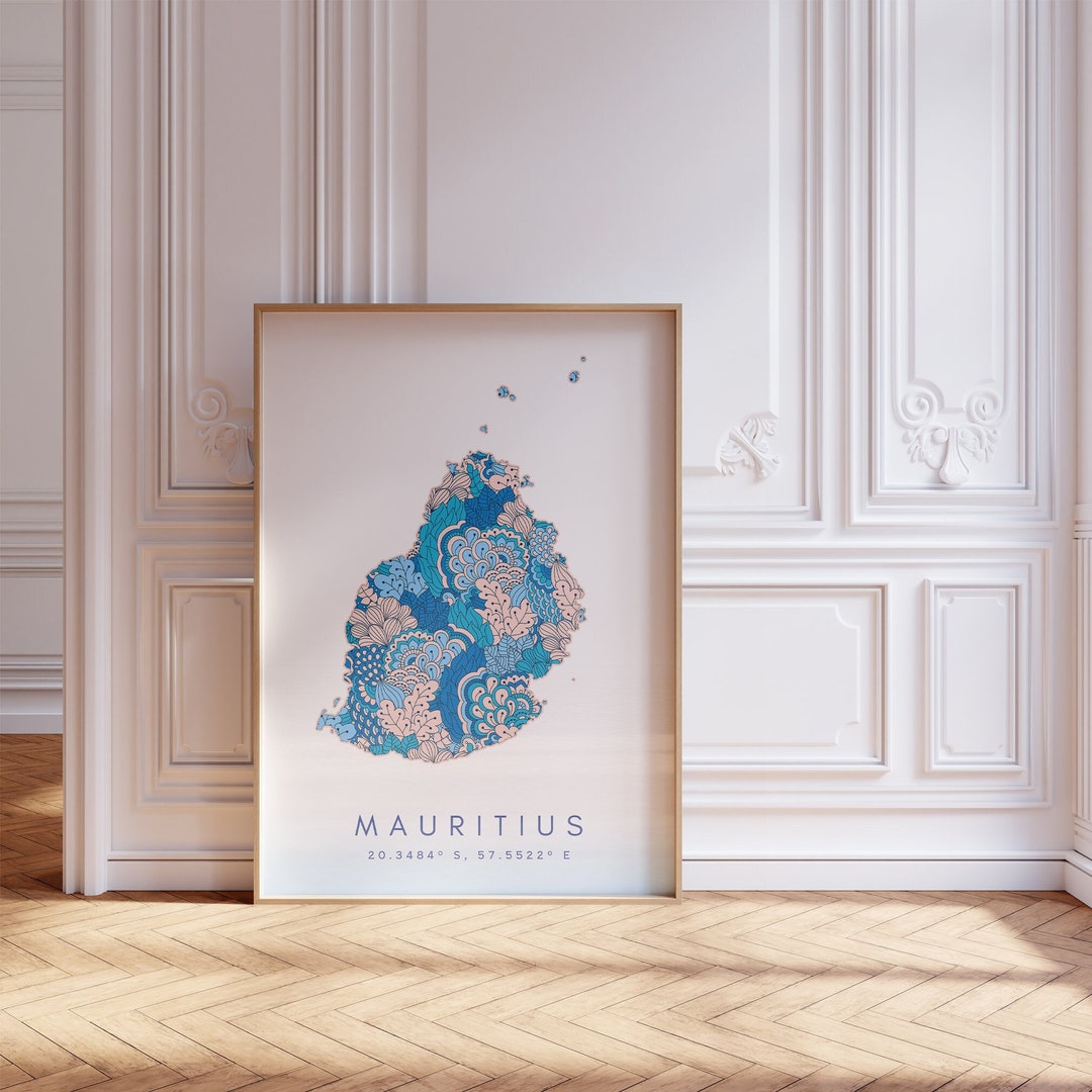 Mauritius Map Print Minimal Style Pastel Blue Wall Art, Mauritius Art ...