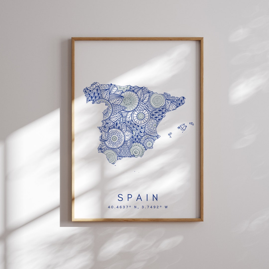Spain Map Print Minimal Style Blue Wall Art, Spain Art Print Decor for ...