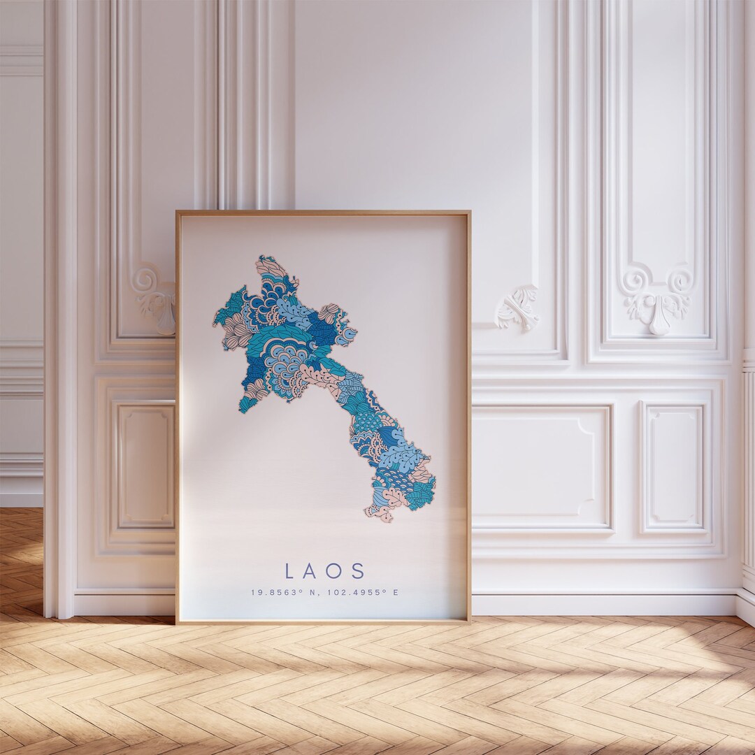 Laos Map Print Minimal Style Pastel Blue Wall Art, Laos Art Print Decor ...