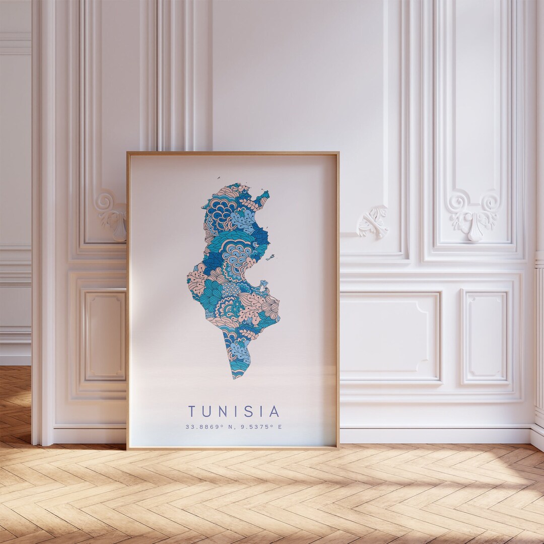 Tunisia Map Print Minimal Style Pastel Blue Wall Art, Tunisia Art Print ...