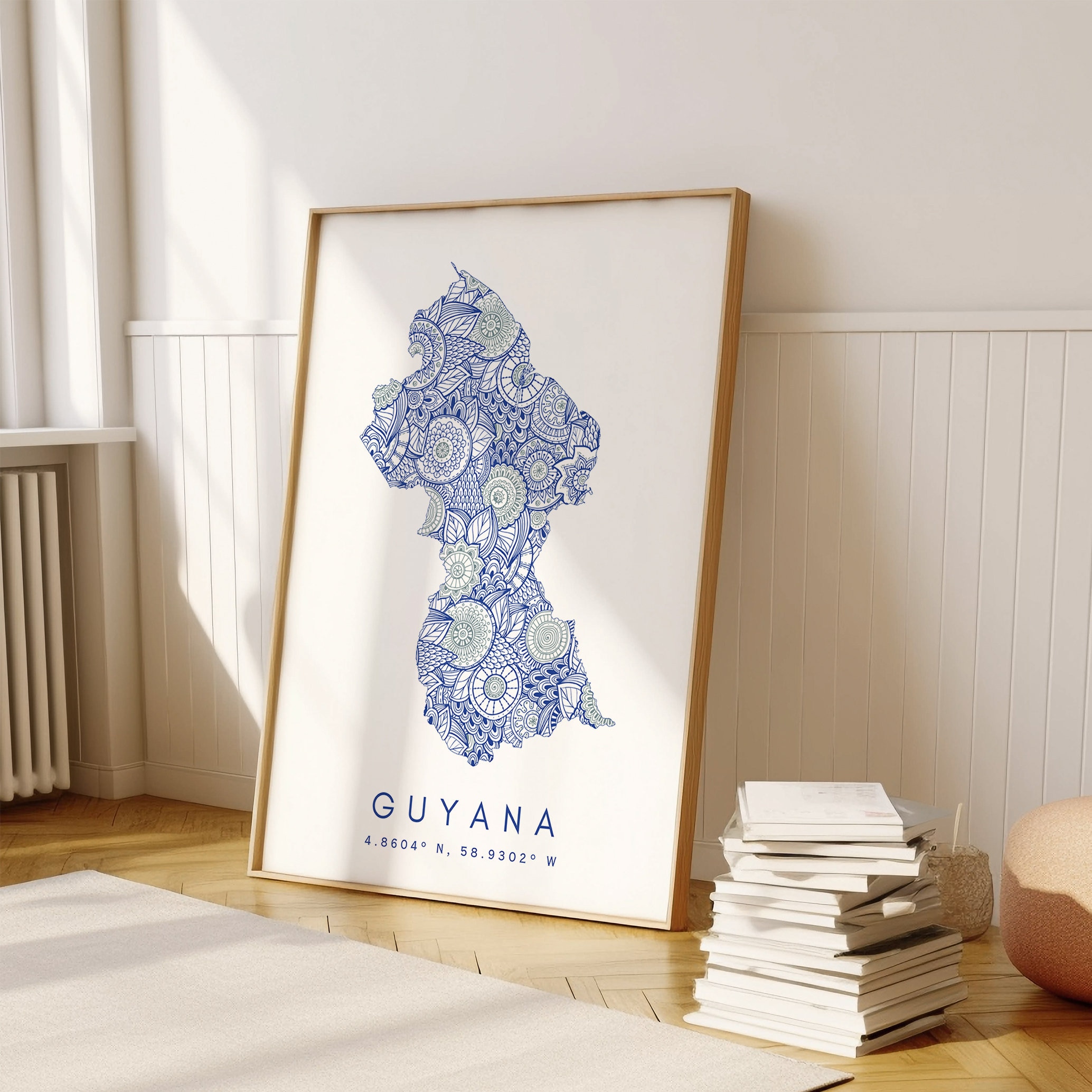 Guyana Map Print Minimal Style Blue Wall Art, Guyana Art Print Decor ...