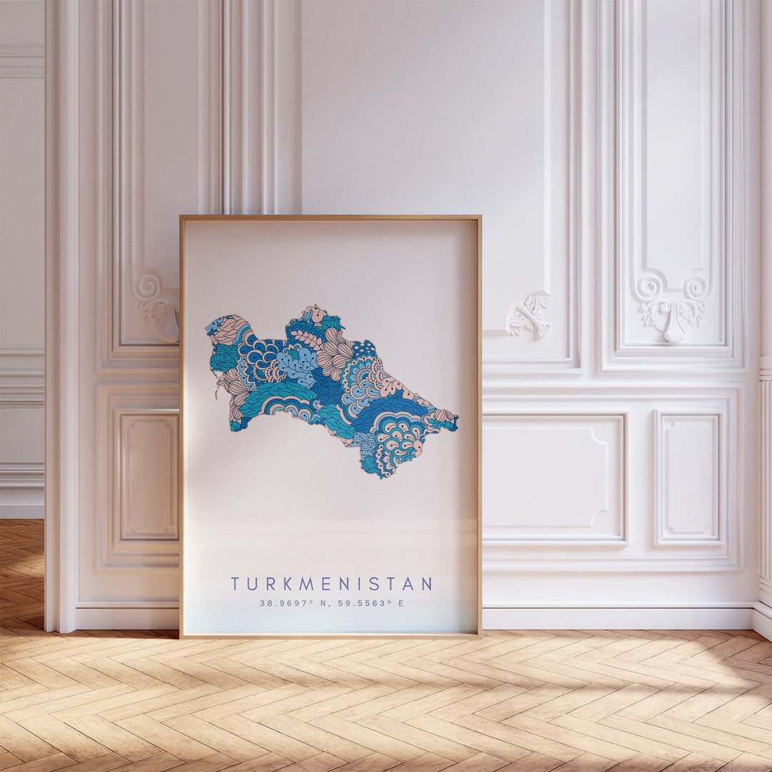 Turkmenistan Map Print Minimal Style Pastel Blue Wall Art, Turkmenistan ...