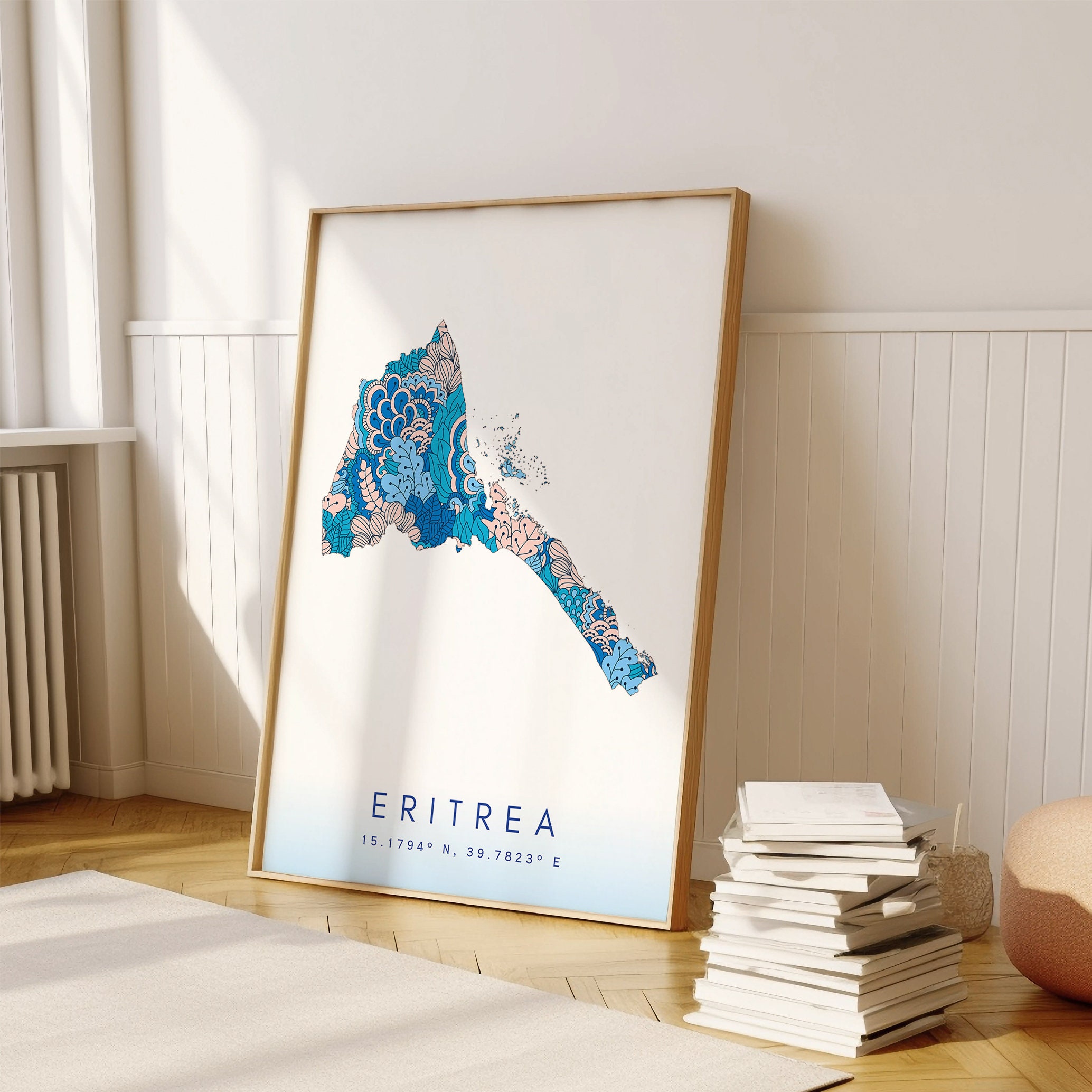 Eritrea Designer Map Print Blue Wall Art, Eritrea Art Print Decor for ...
