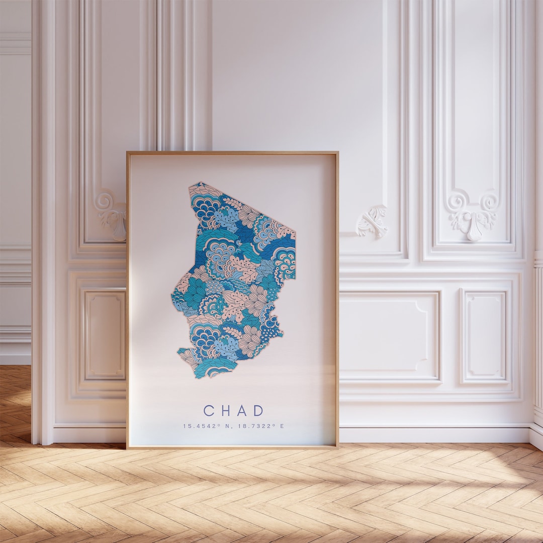 Chad Designer Map Print Blue Wall Art, Chad Art Print Decor for Home or ...