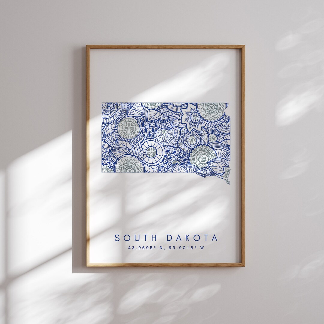 South Dakota US State Blue Minimal Style Map Print, South Dakota USA ...