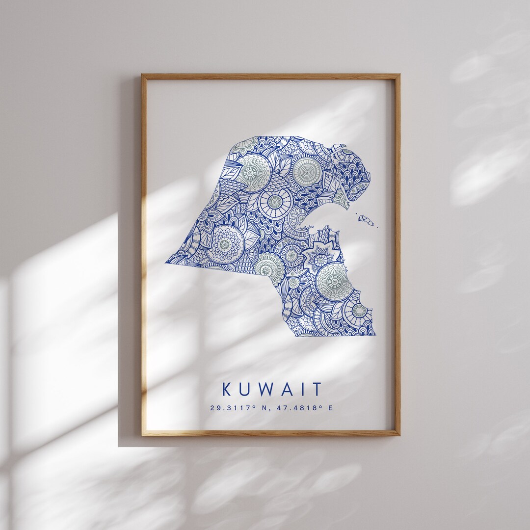 Kuwait Map Print Minimal Style Blue Wall Art, Kuwait Art Print Decor ...