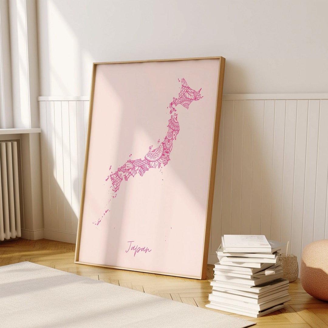 Japan Digital Pink Minimal Map Print Wall Art, Japan Map Art Print ...