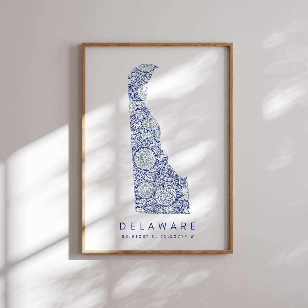 Delaware US State Blue Minimal Style Map Print, Delaware USA State Map ...