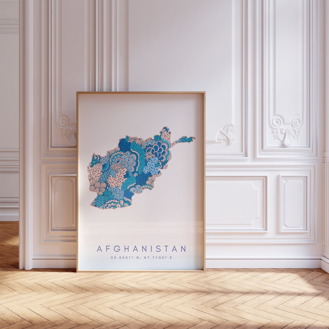 Afghanistan Designer Map Print Blue Wall Art, Afghanistan Art Print ...