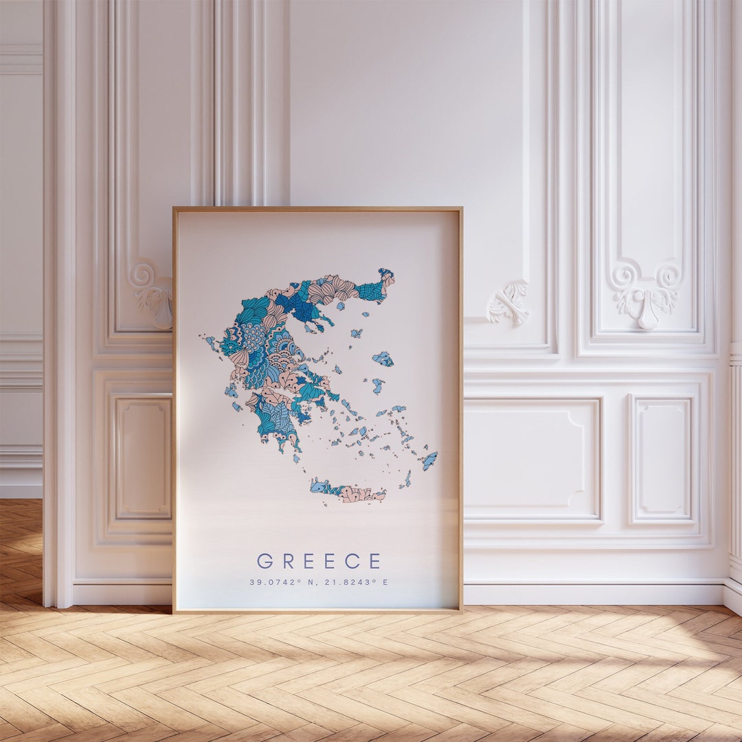 Greece Designer Map Print Blue Wall Art, Greece Art Print Decor for ...