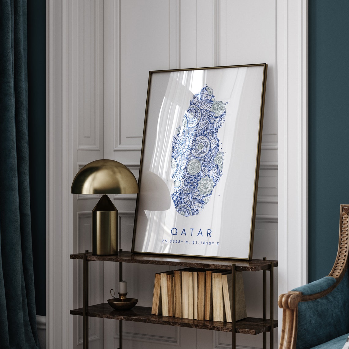 Qatar Map Print Minimal Style Blue Wall Art, Qatar Art Print Decor for ...