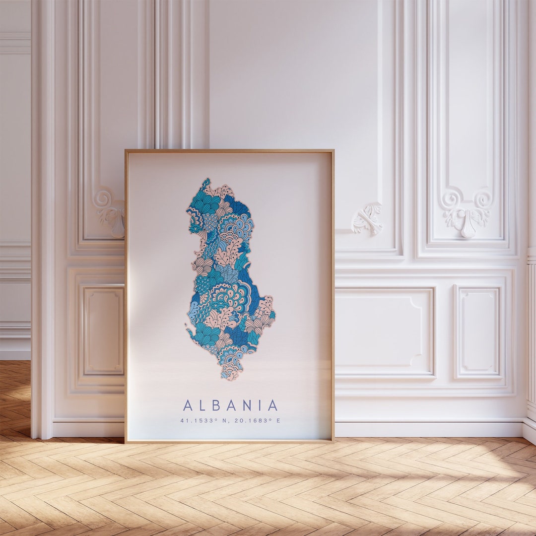 Albania Designer Map Print Blue Wall Art, Albania Art Print Decor for ...