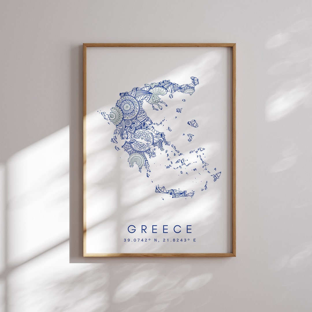 Greece Map Print Minimal Style Blue Wall Art, Greece Art Print Decor ...