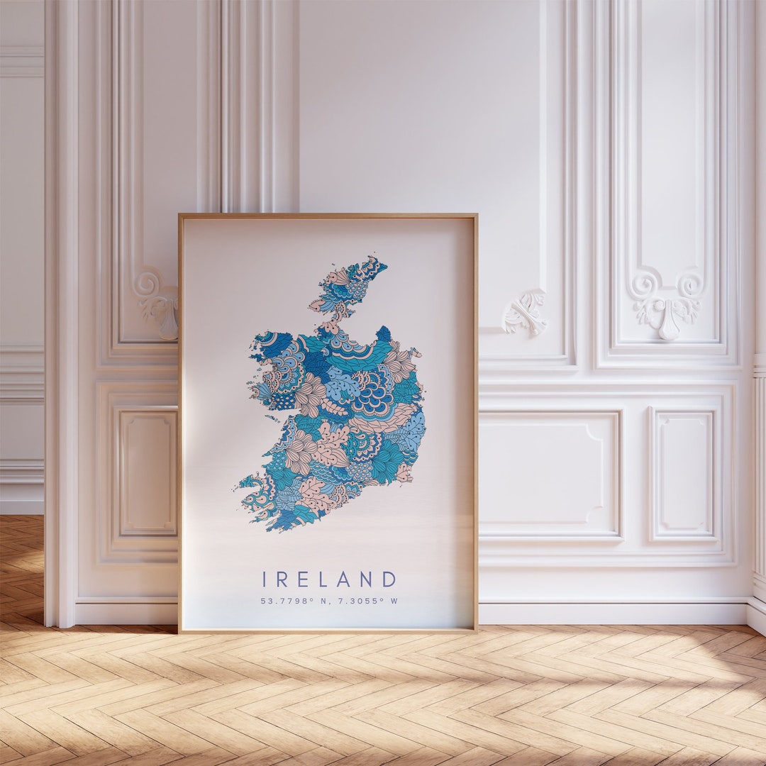 Ireland Republic Japanese Design Map Print Blue Wall Art, Ireland ...