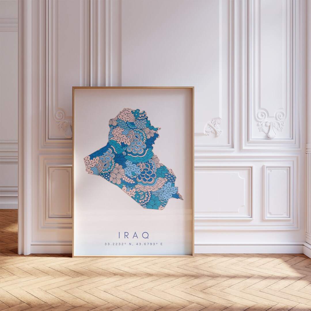 Iraq Japanese Design Map Print Blue Wall Art, Iraq Art Print Decor for ...