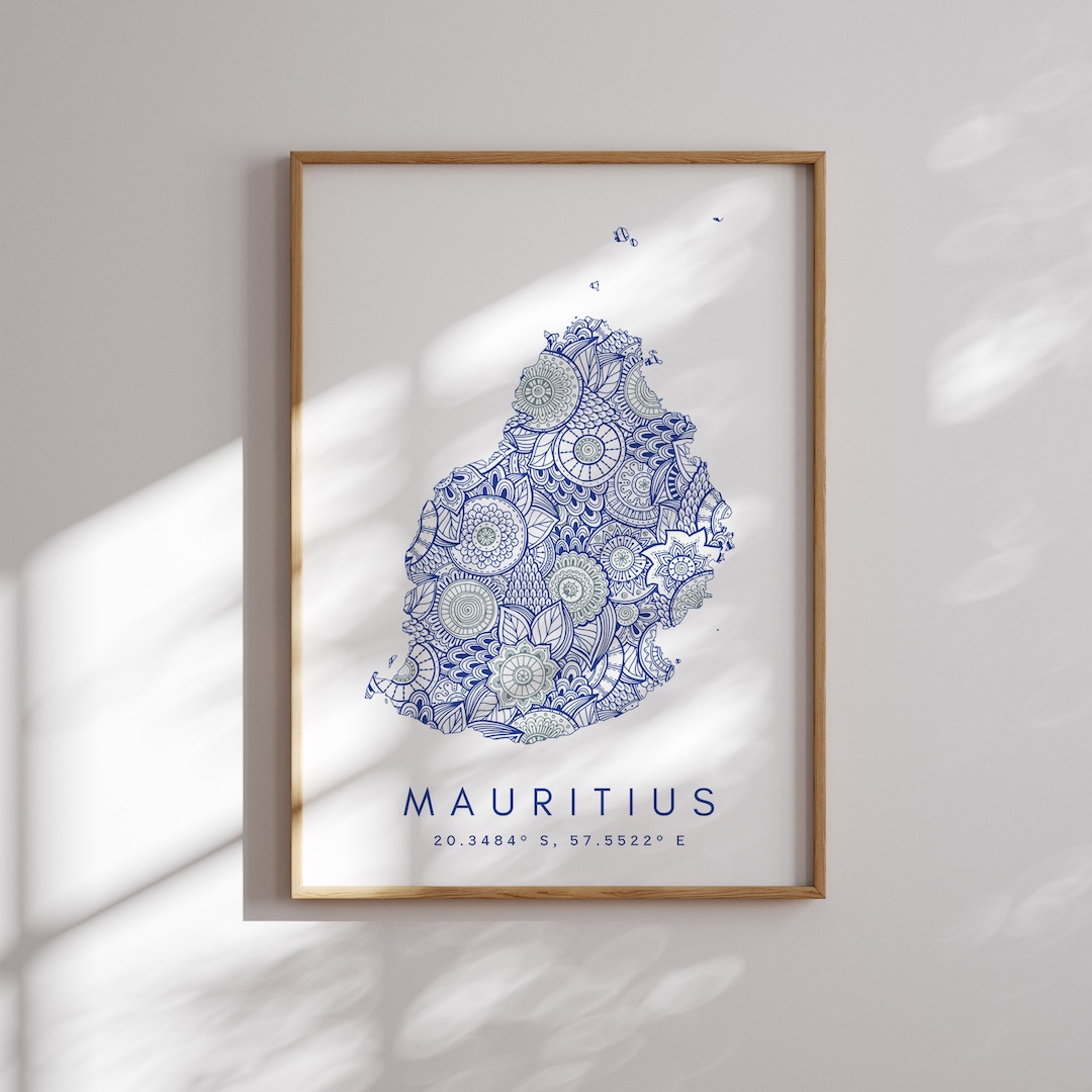 Mauritius Map Print Minimal Style Blue Wall Art, Mauritius Art Print ...