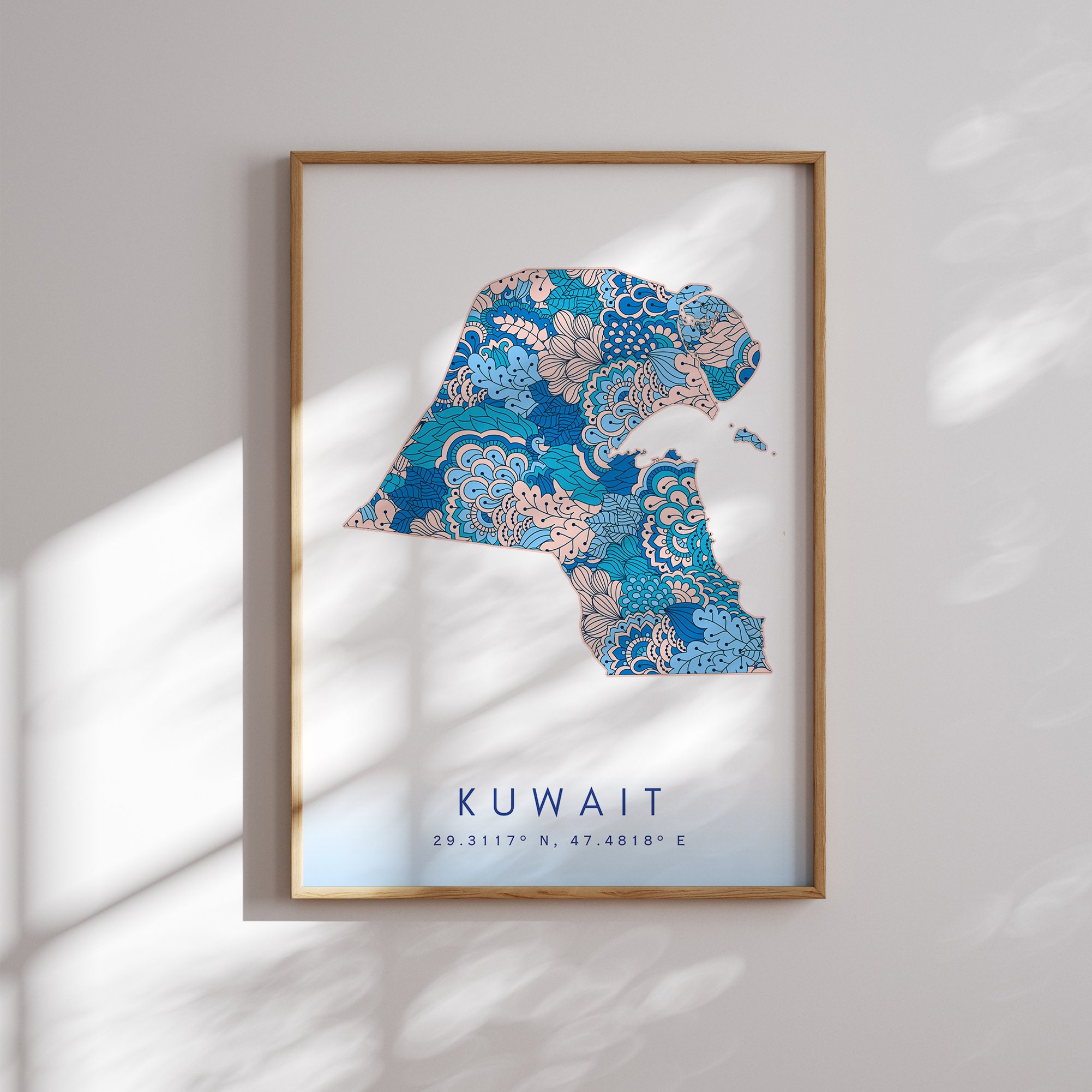 Kuwait Map Print Minimal Style Pastel Blue Wall Art, Kuwait Art Print ...