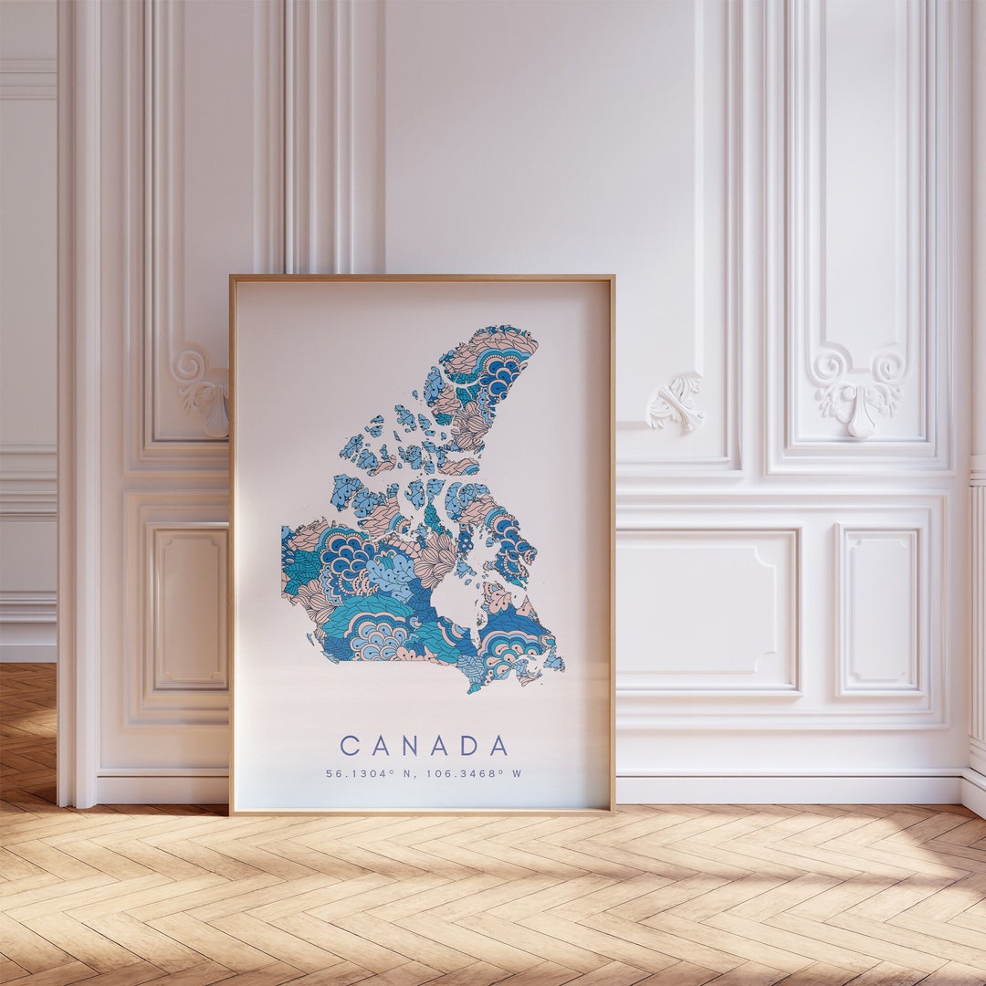 Canada Designer Map Print Blue Wall Art, Canada Art Print Decor for ...