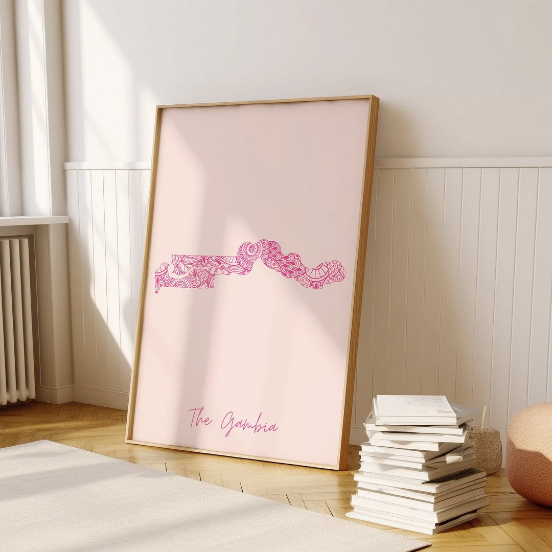 The Gambia Digital Pink Minimal Map Print Wall Art, the Gambia Country ...