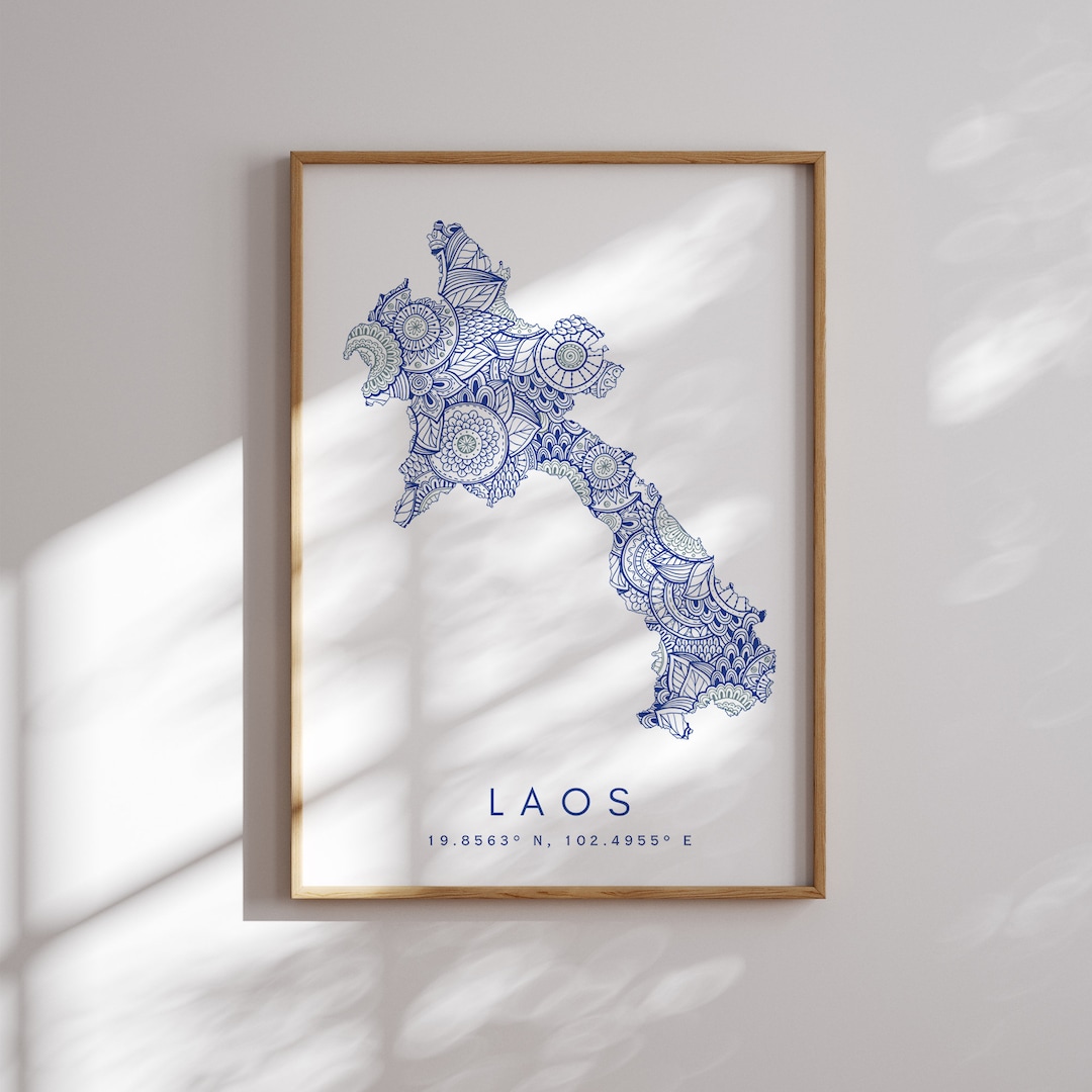Laos Map Print Minimal Style Blue Wall Art, Laos Art Print Decor for ...