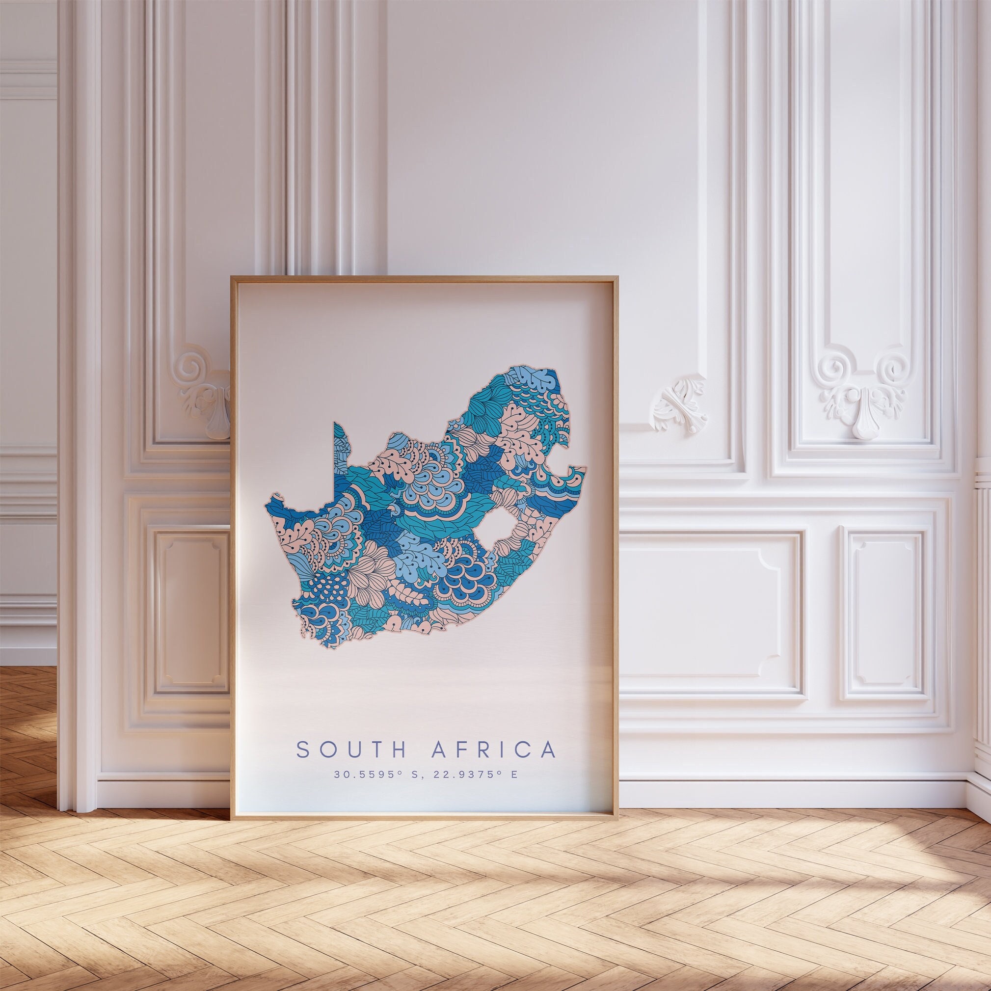 South Africa Map Print Minimal Style Pastel Blue Wall Art, South Africa ...