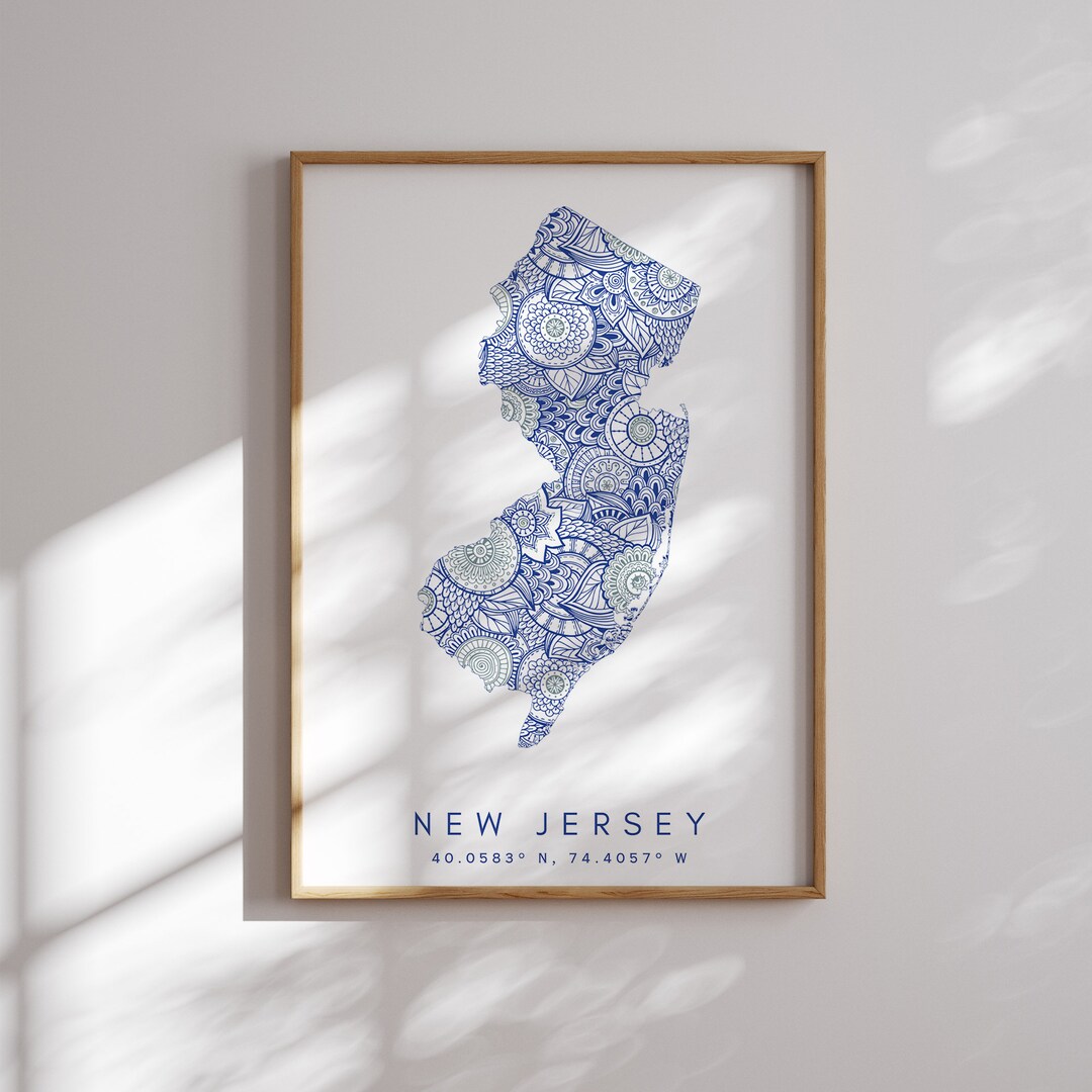 New Jersey US State Blue Minimal Style Map Print, New Jersey USA State ...