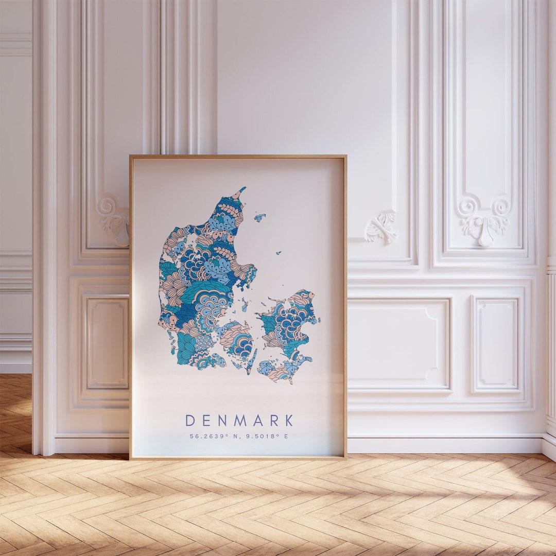 Denmark Designer Map Print Blue Wall Art, Denmark Art Print Decor for ...