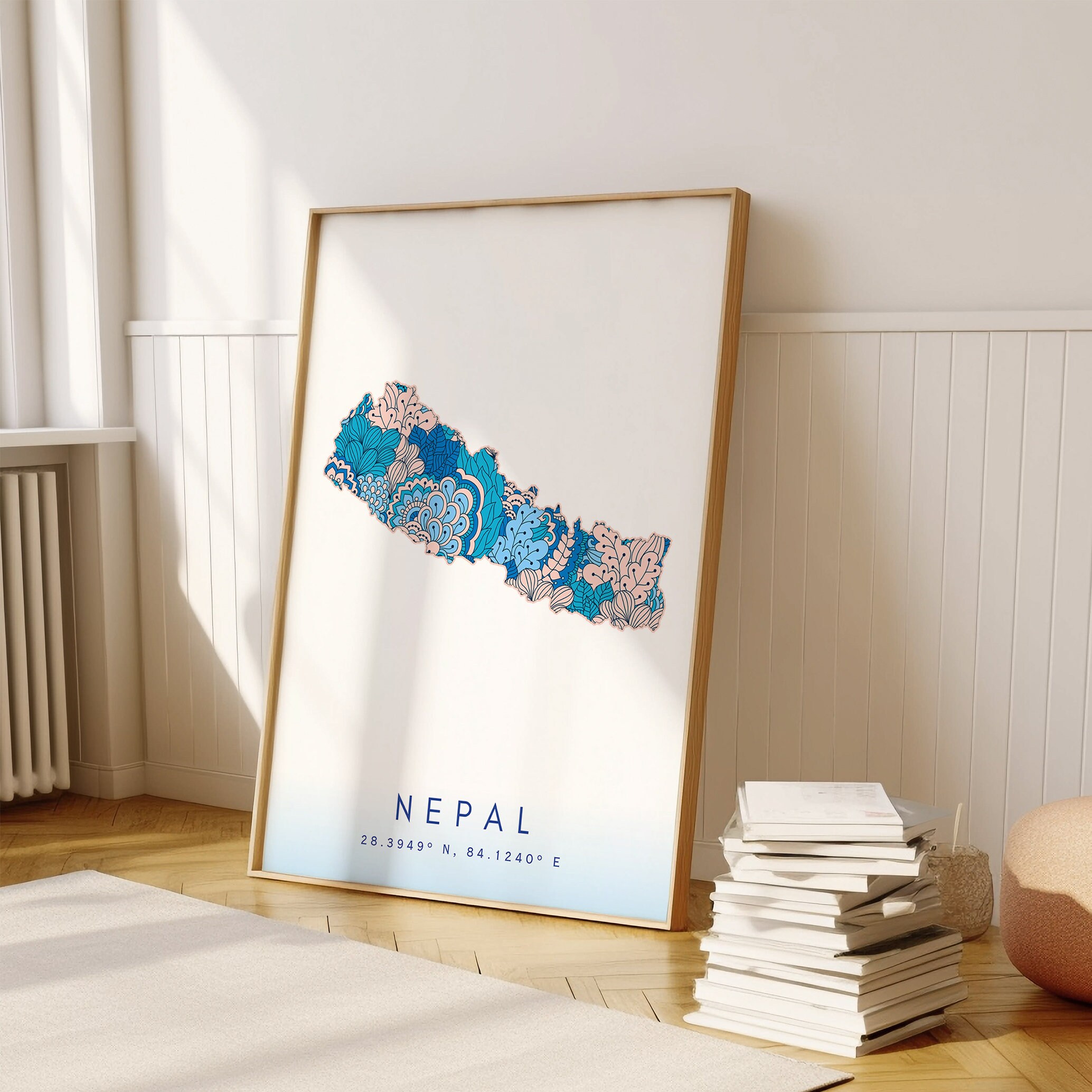 Nepal Map Print Minimal Style Pastel Blue Wall Art, Nepal Art Print ...
