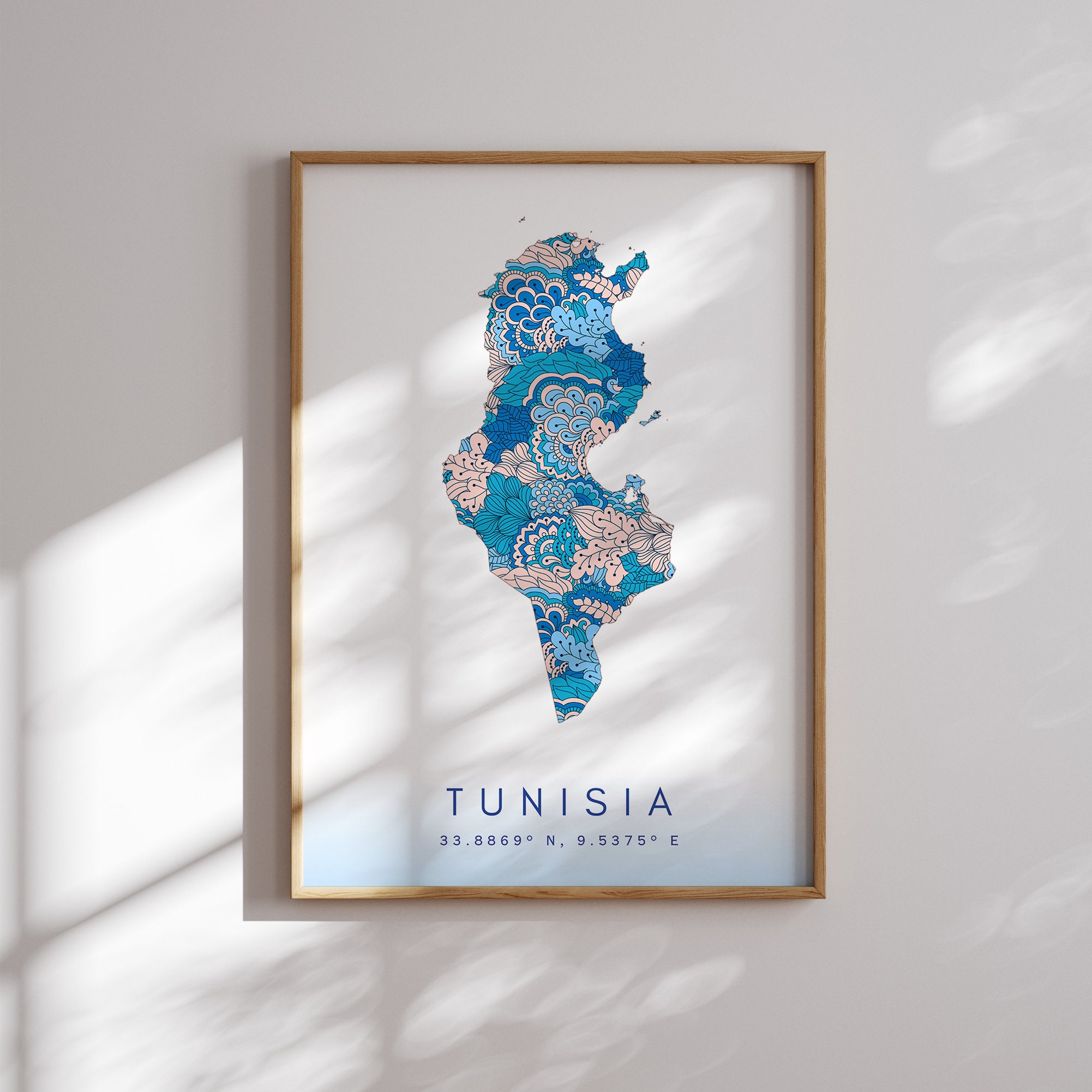Tunisia Map Print Minimal Style Pastel Blue Wall Art, Tunisia Art Print ...