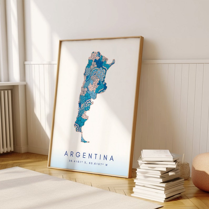 Argentina Designer Map Print Blue Wall Art, Argentina Art Print Decor ...