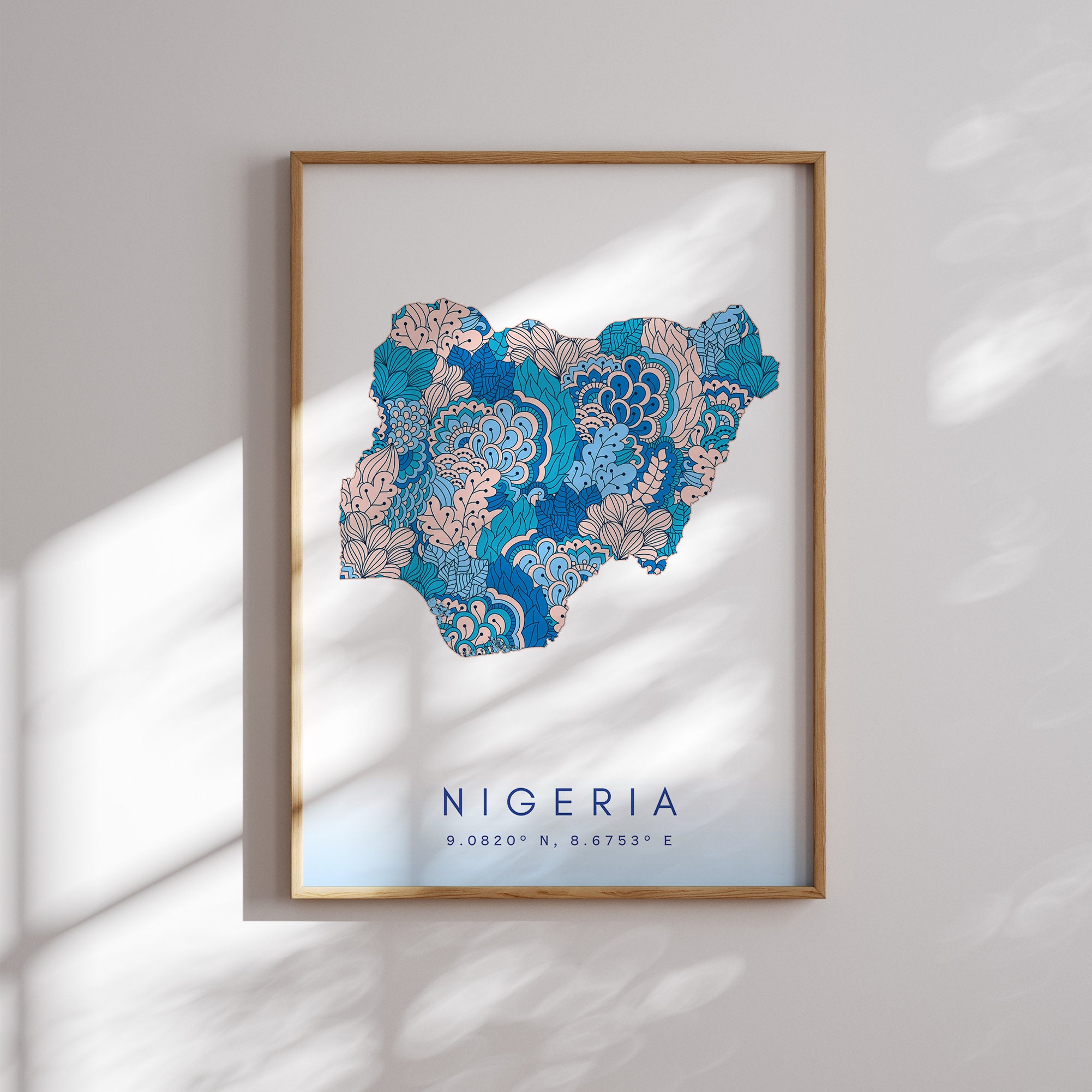 Nigeria Map Print Minimal Style Pastel Blue Wall Art, Nigeria Art Print ...