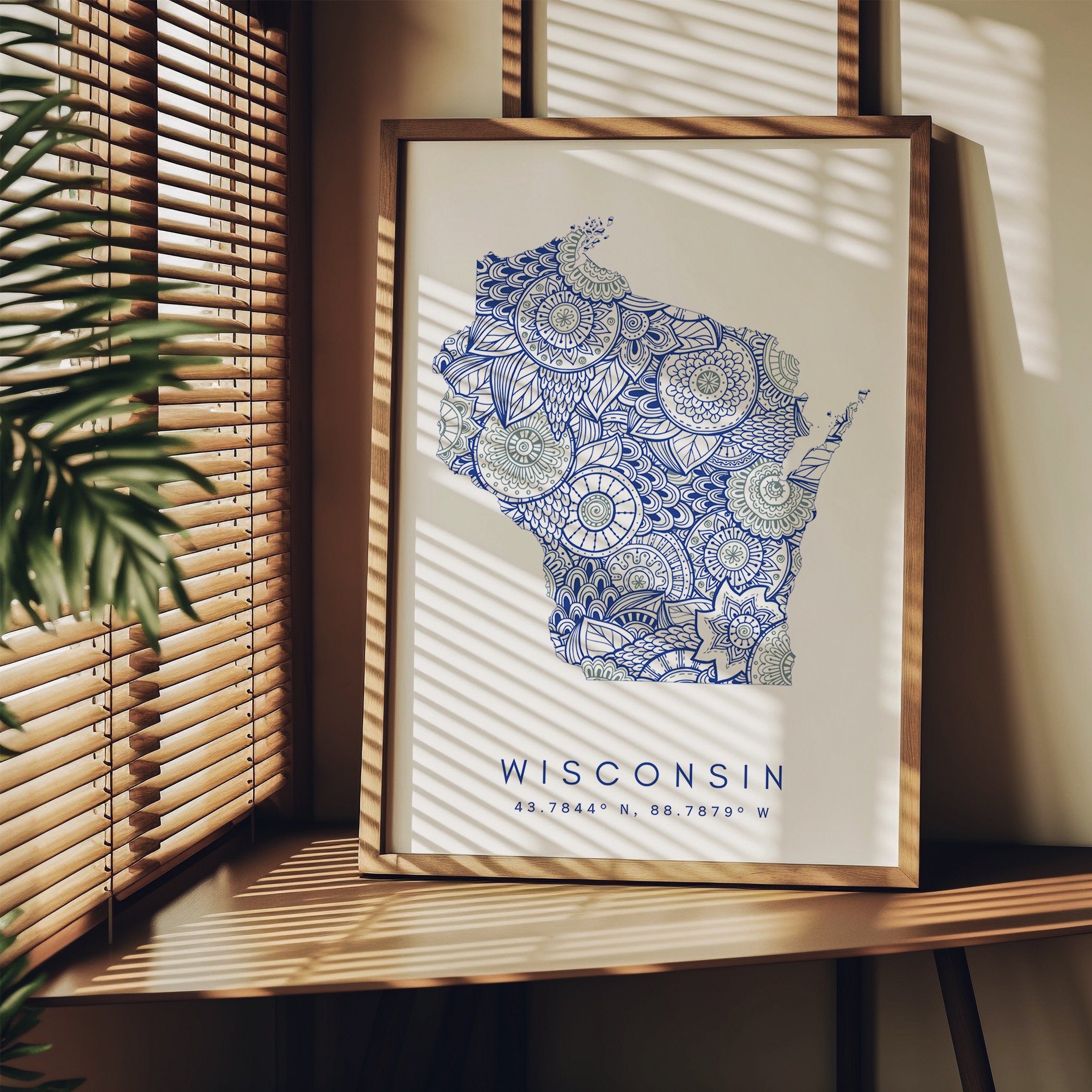 Wisconsin US State Blue Minimal Style Map Print, Wisconsin USA State ...